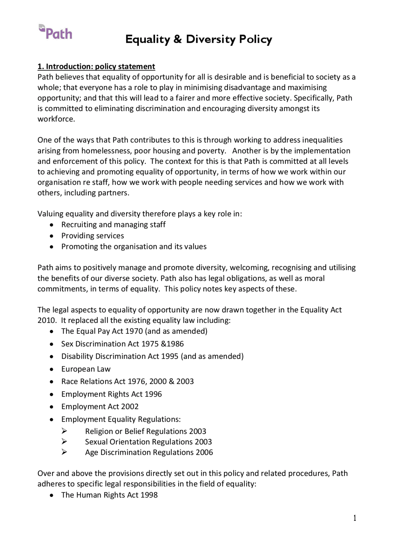 Equality & Diversity Policy | Study notes Law | Docsity