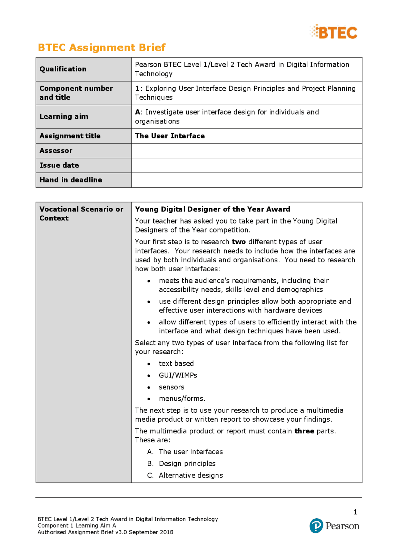 Btec Assignment Brief Lecture Notes Design Docsity