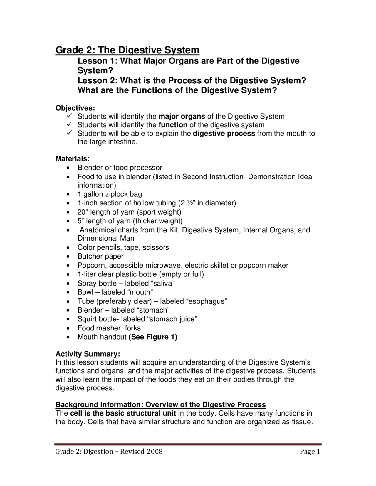 Grade 2: The Digestive System | Study notes Design | Docsity
