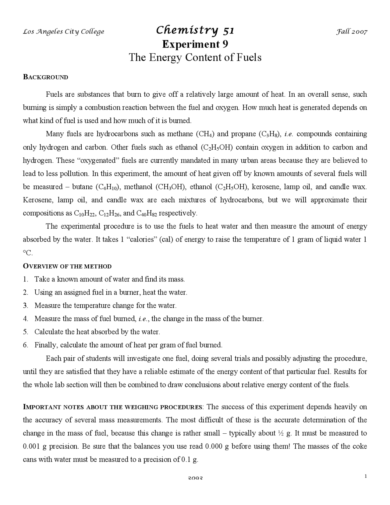 Experiment 9 The Energy Content Of Fuels Lecture Notes Chemistry