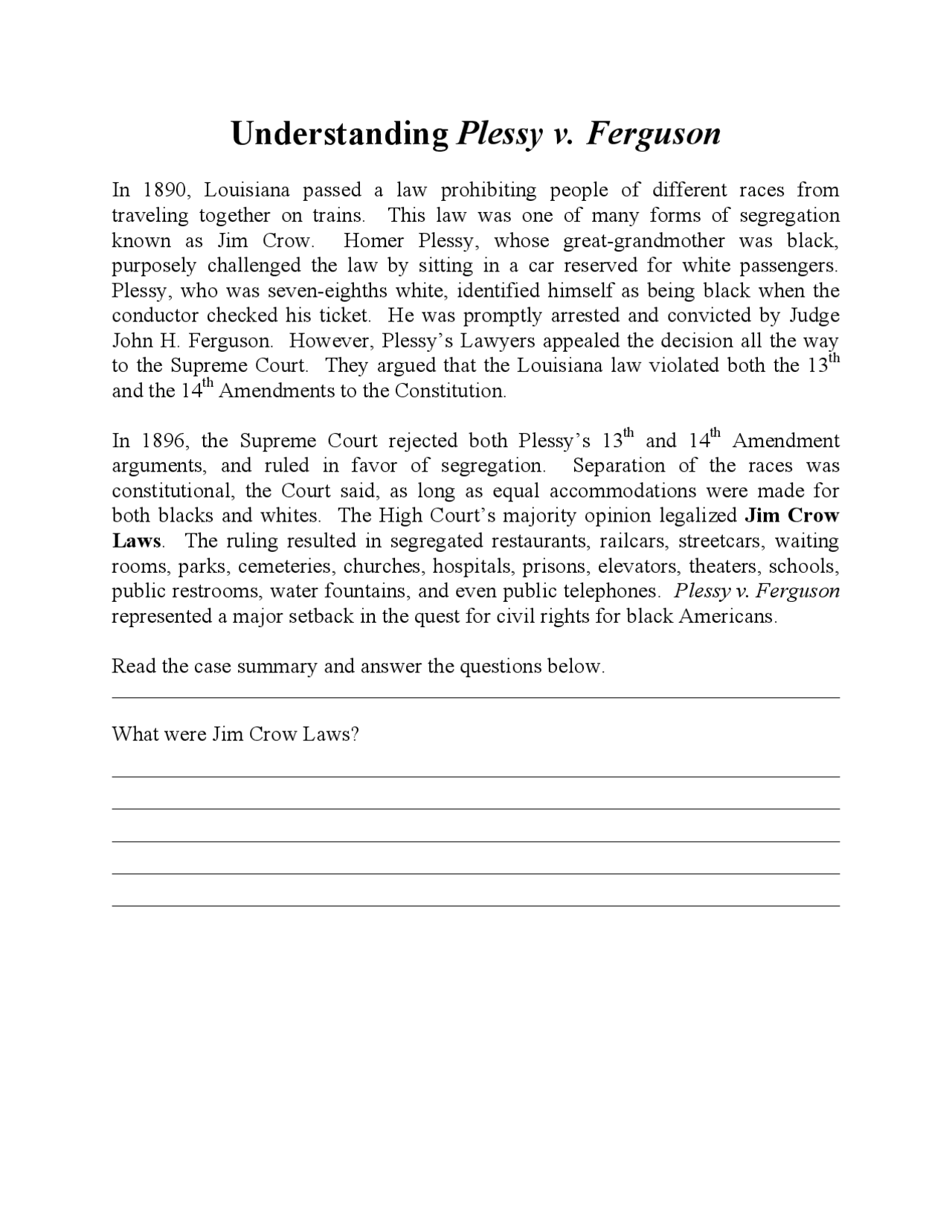 Understanding Plessy v. Ferguson '14 | Summaries Law | Docsity