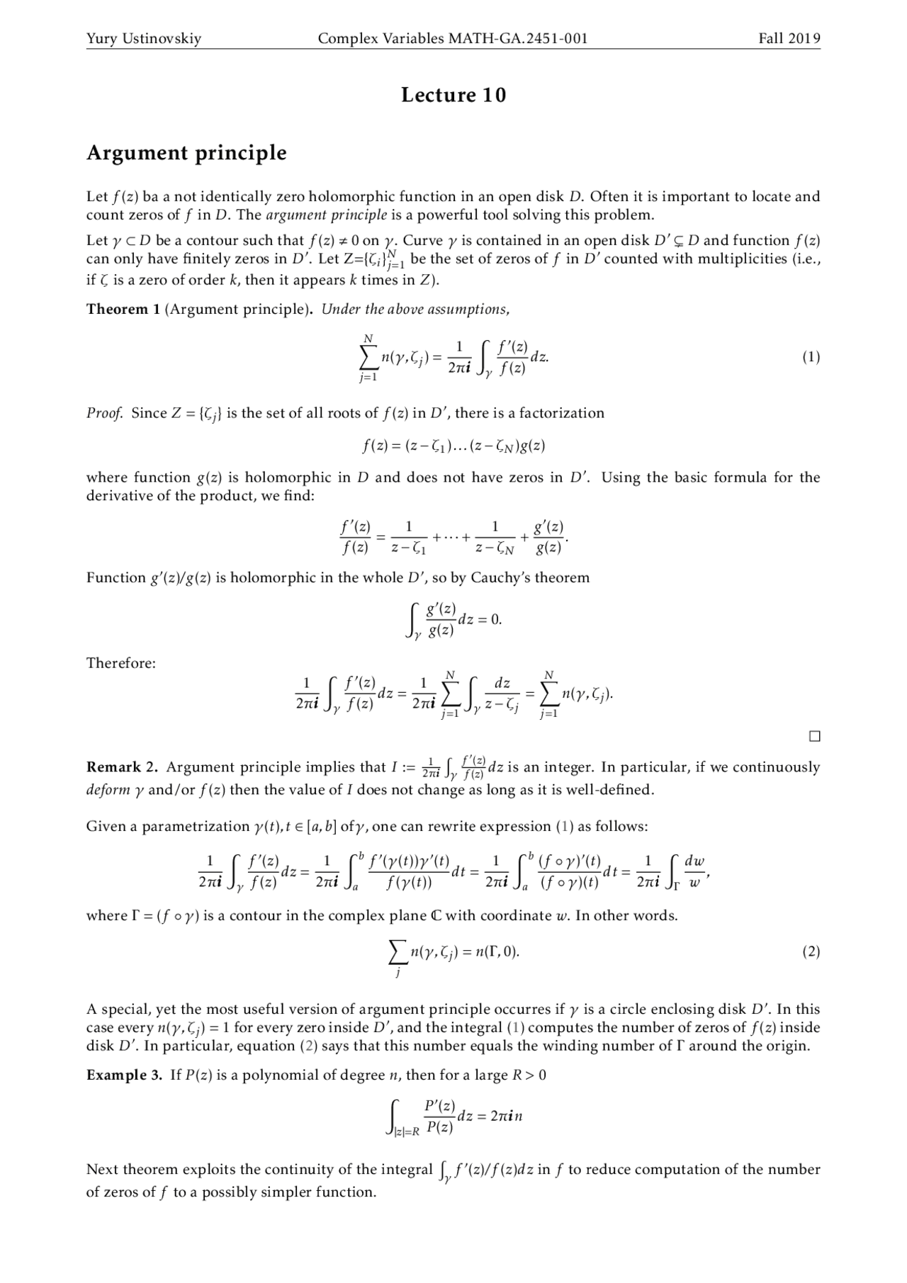 Lecture 10 Argument Principle Lecture Notes Algebra Docsity