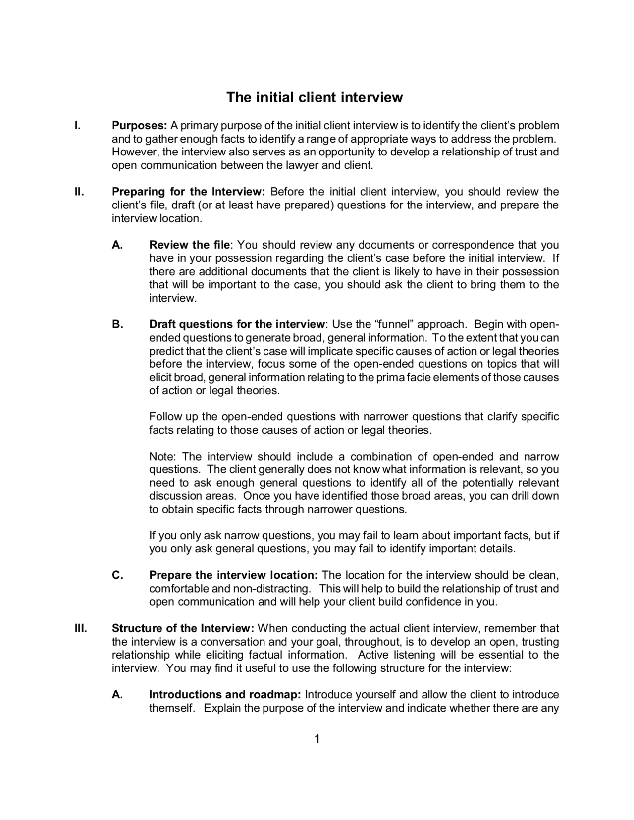 Preparing and Conducting an Effective Initial Client Interview | Summaries Law | Docsity