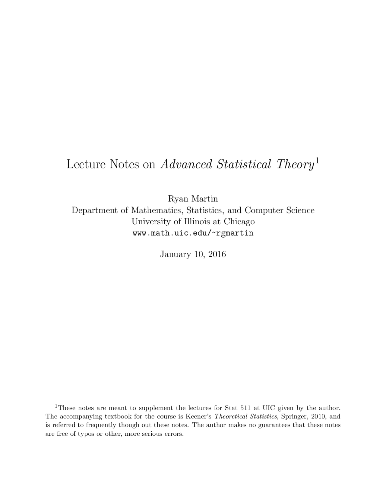 Lecture Notes On Advanced Statistical Theory Exercises Statistics 4564