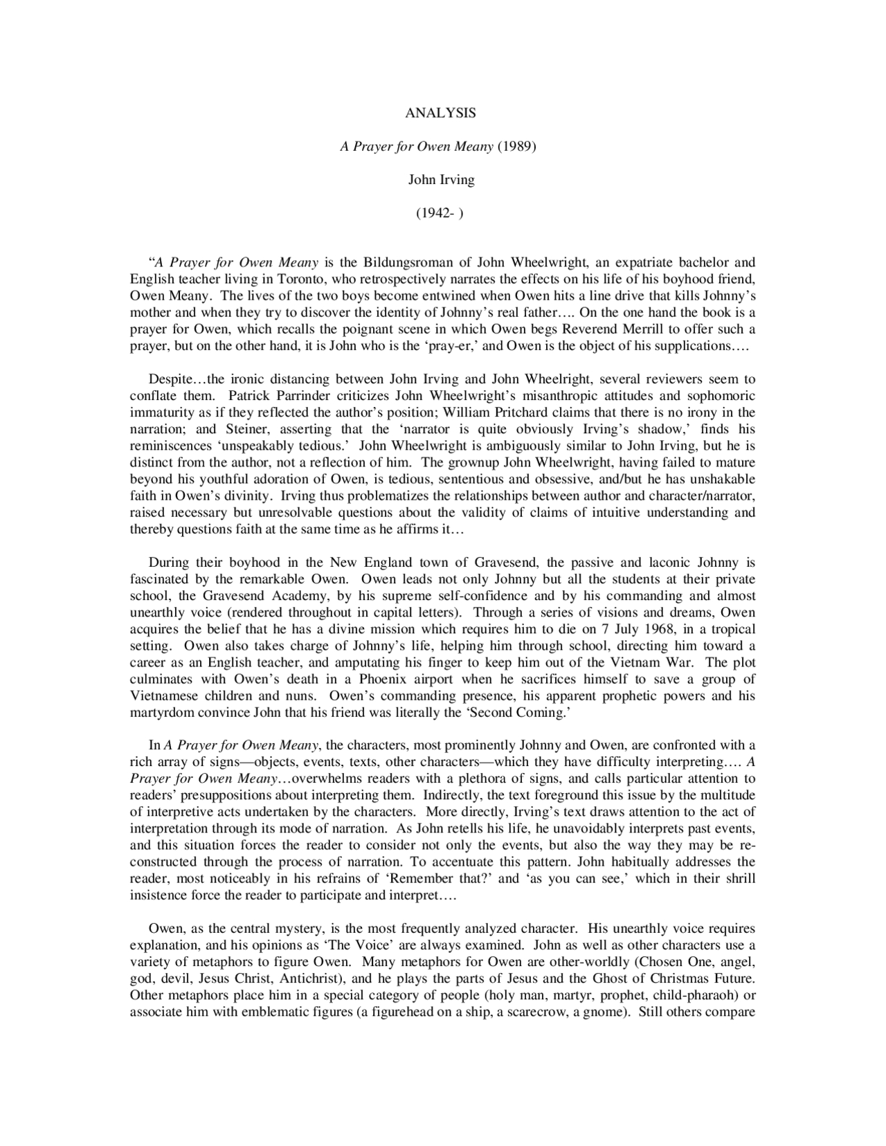 ANALYSIS A Prayer for Owen Meany (1989) John Irving (1942 | Lecture ...