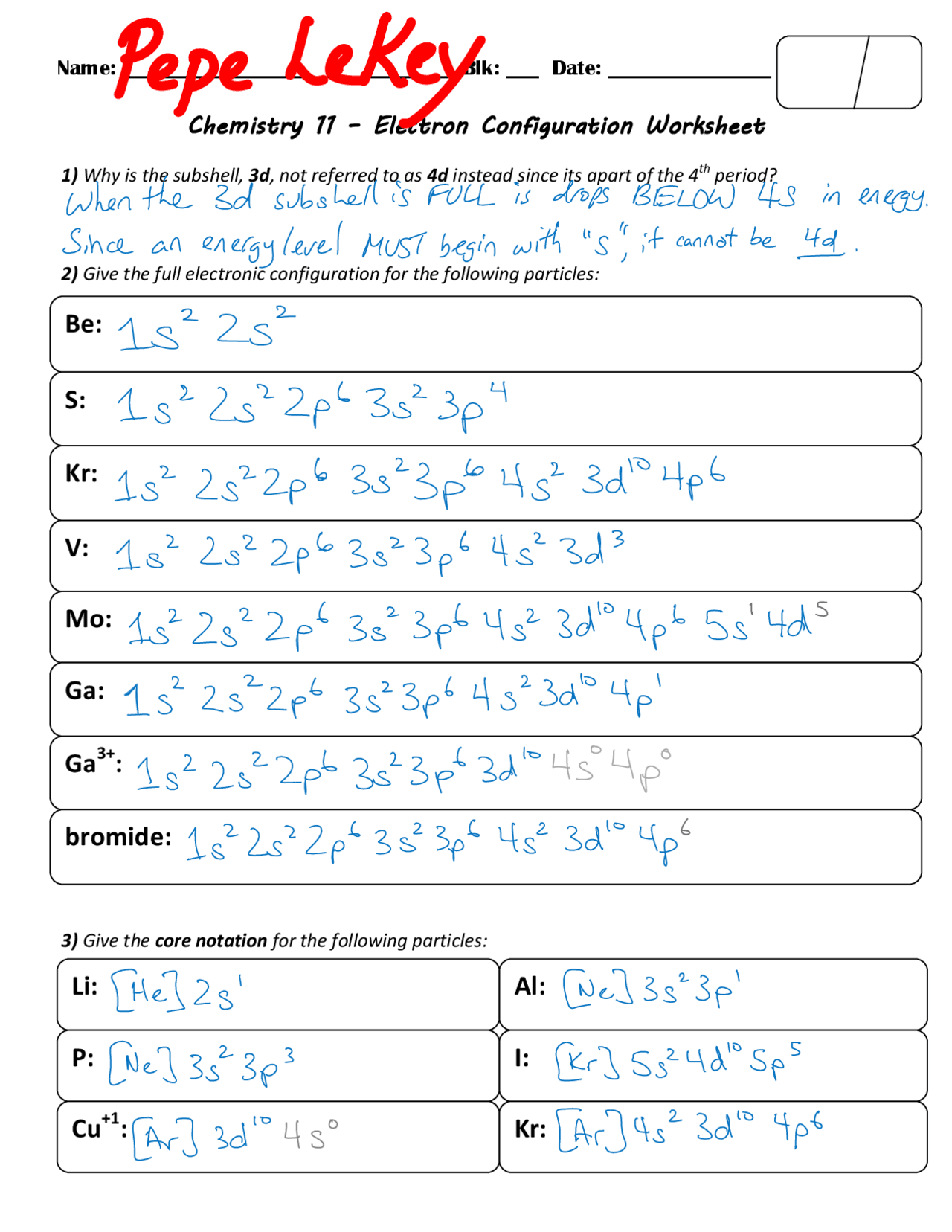 Electron Configuration Worksheet | Study notes Chemistry | Docsity