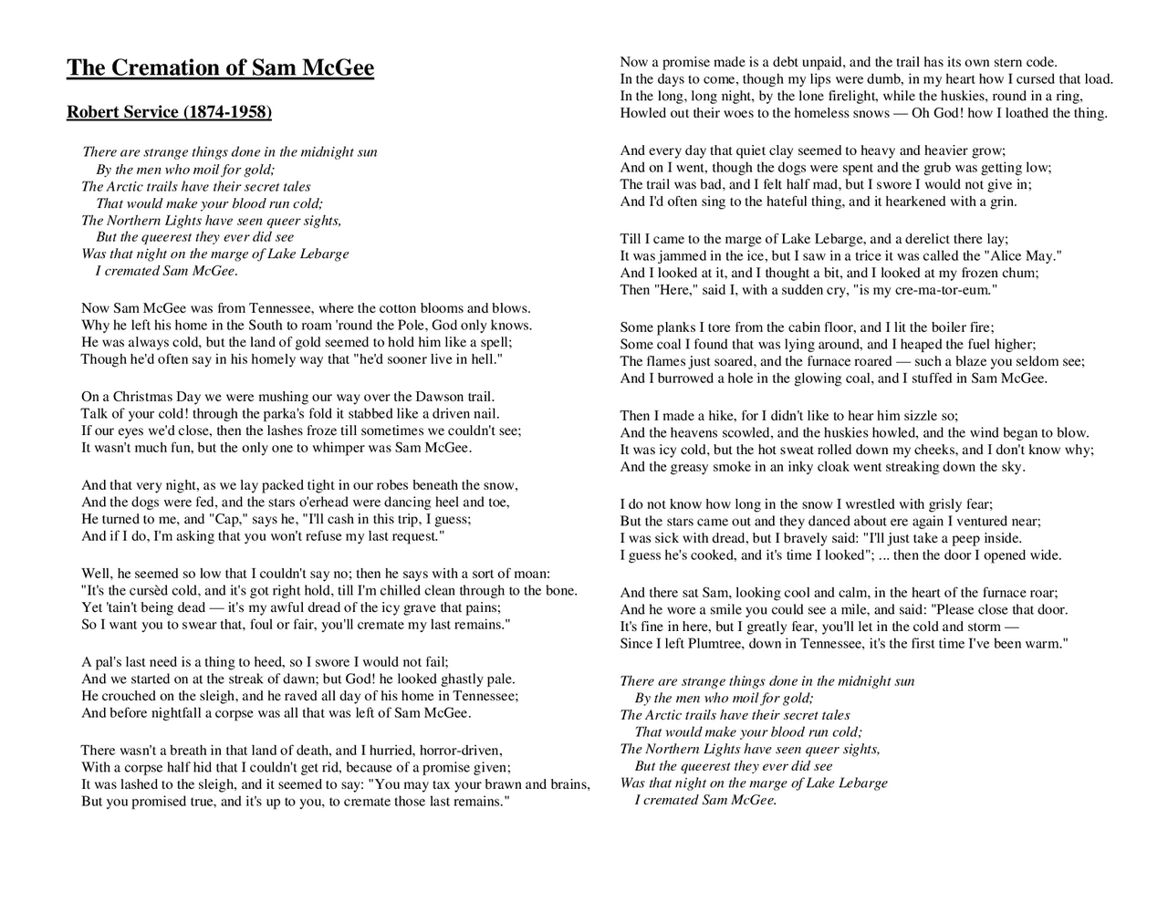 The Cremation of Sam McGee: A Poem about Death and Friendship in the ...
