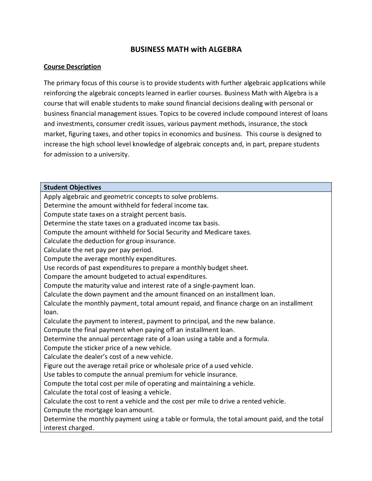 BUSINESS MATH with ALGEBRA | Study notes Algebra | Docsity
