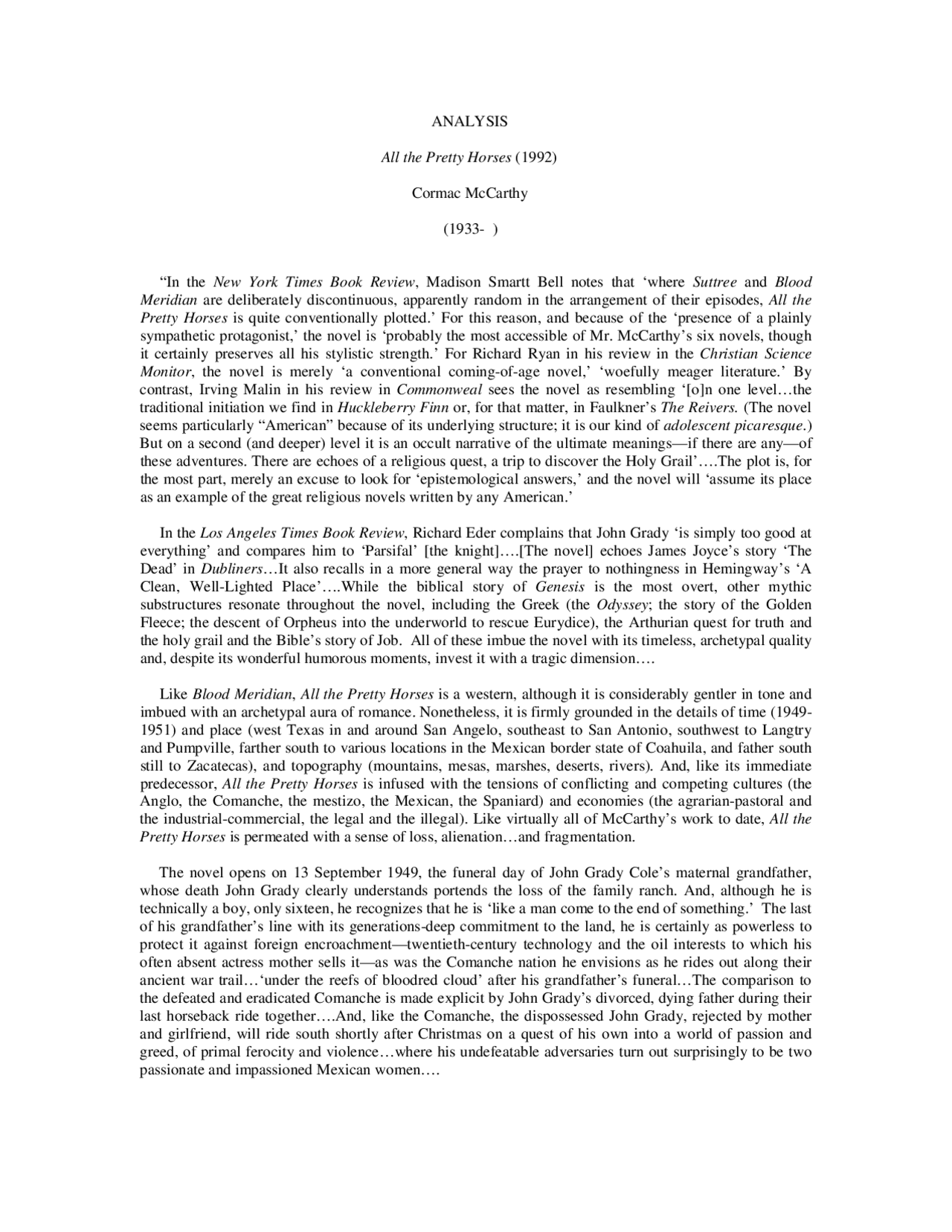 ANALYSIS All the Pretty Horses (1992) Cormac McCarthy (1933 | Lecture ...