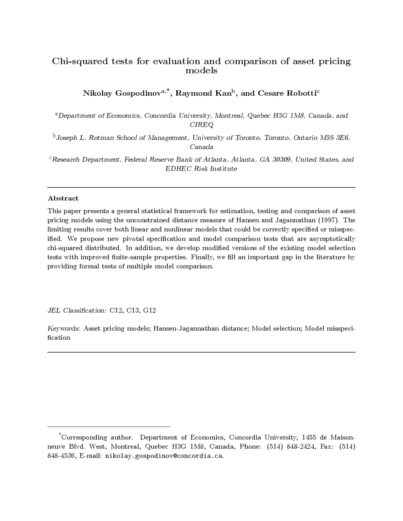 Chisquared Tests For Evaluation And Comparison Of Asset