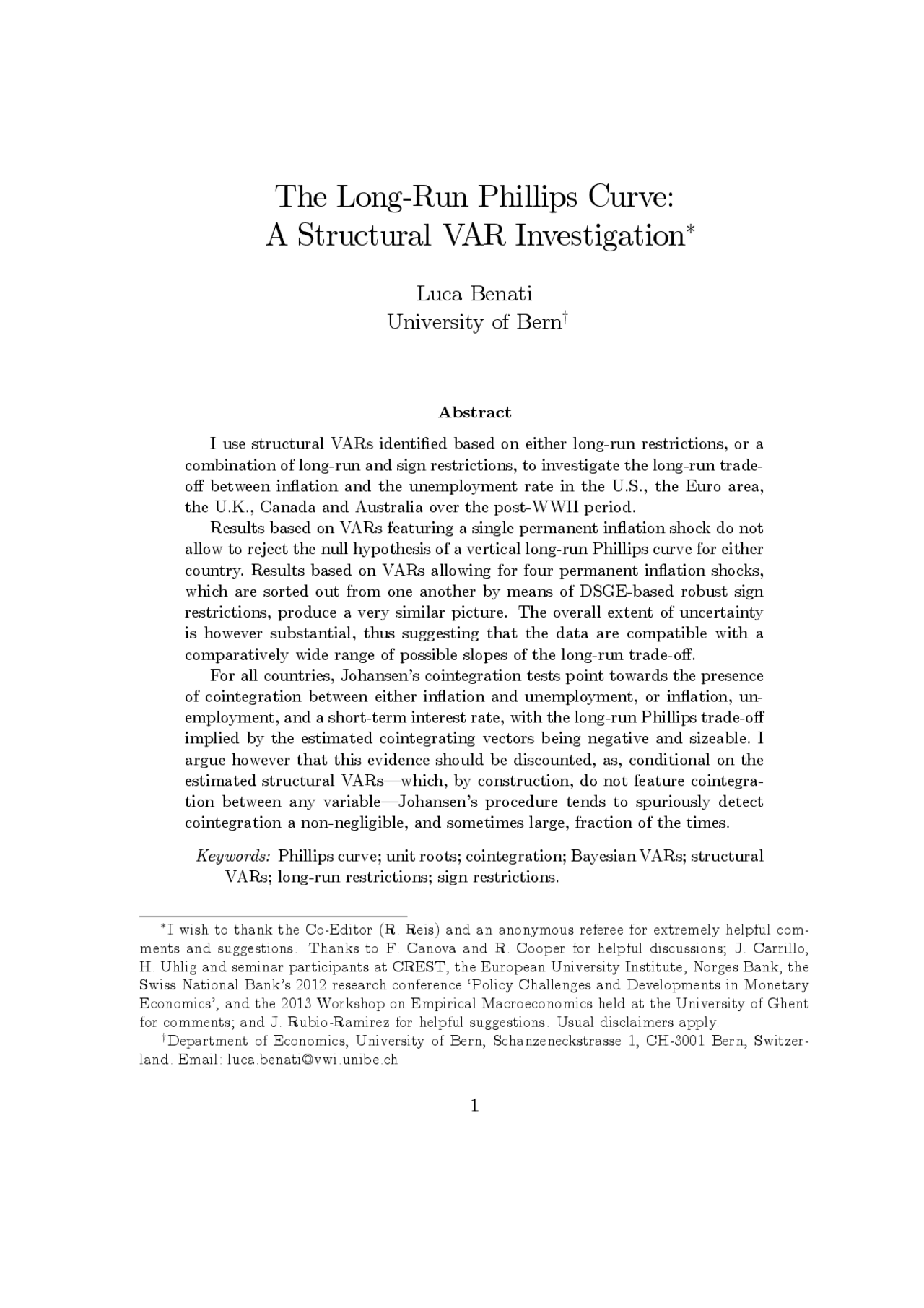 The Long Run Phillips Curve A Structural Var Investigation Lecture Notes Monetary Economics