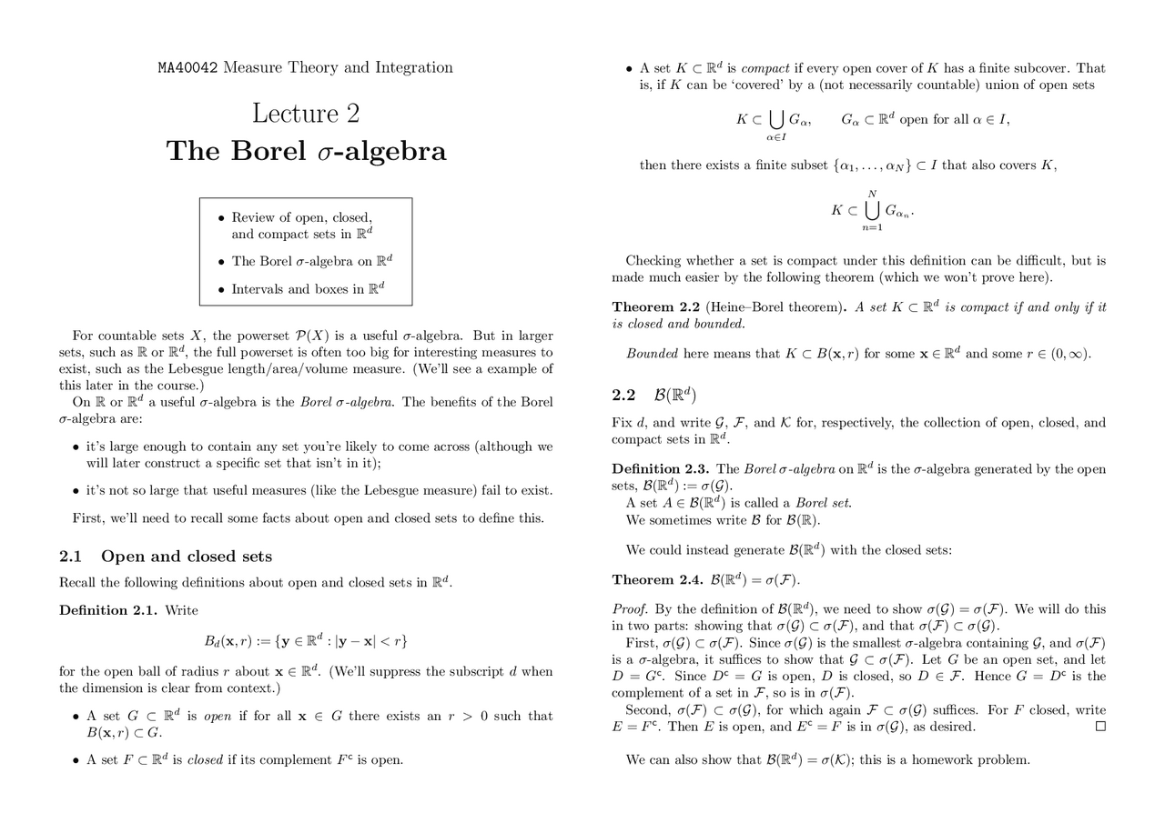 Lecture 2 The Borel σ Algebra Lecture Notes Algebra Docsity