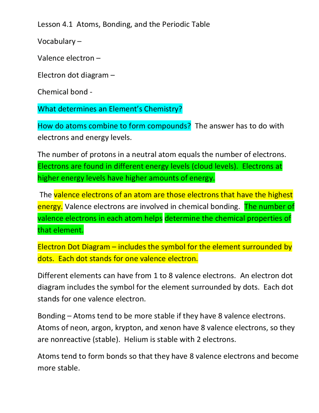 Lesson 4.1 Atoms, Bonding, and the Periodic Table Vocabulary ...