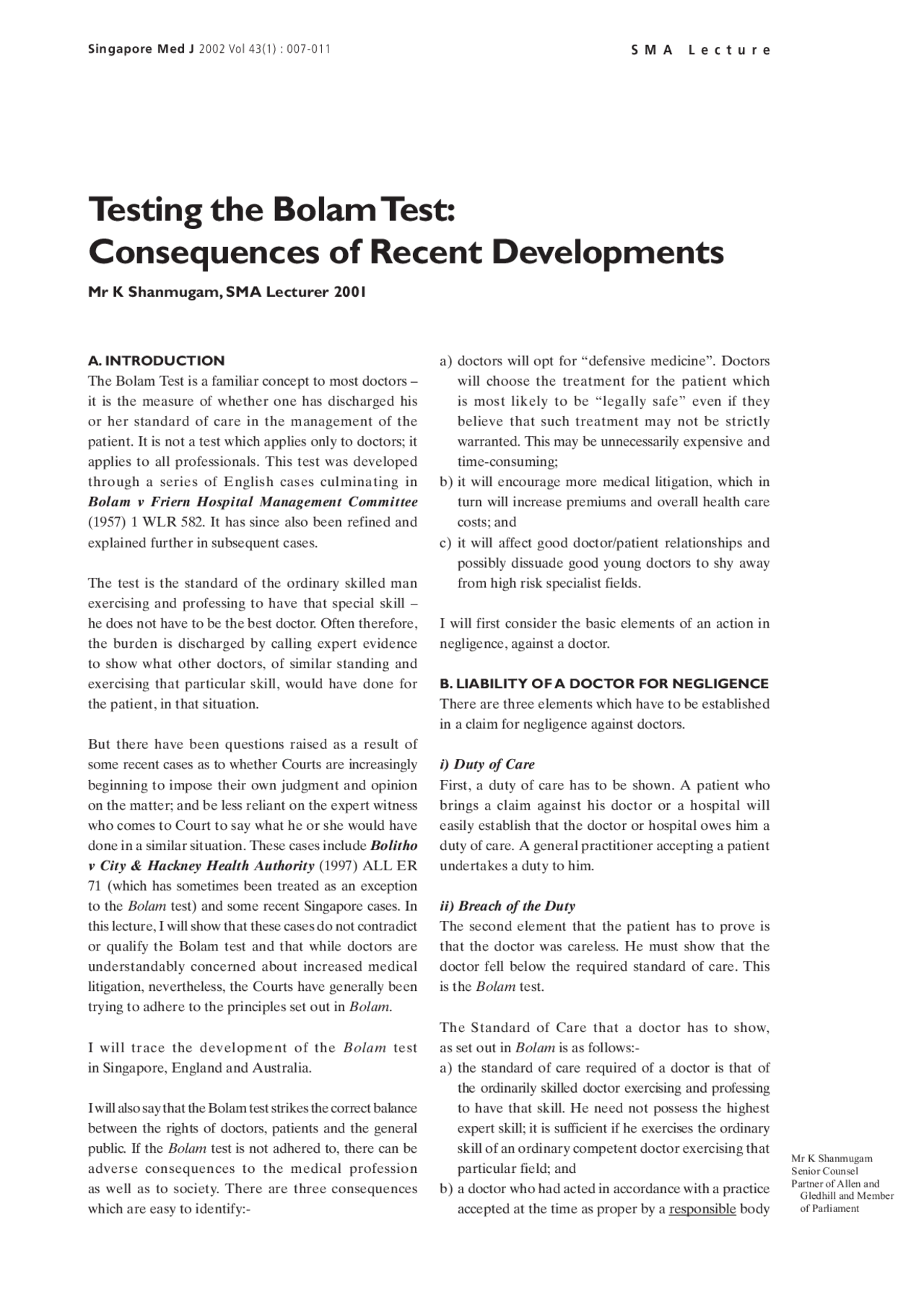 The Bolam Test: Balancing Doctor's Liability and Standard of Care ...