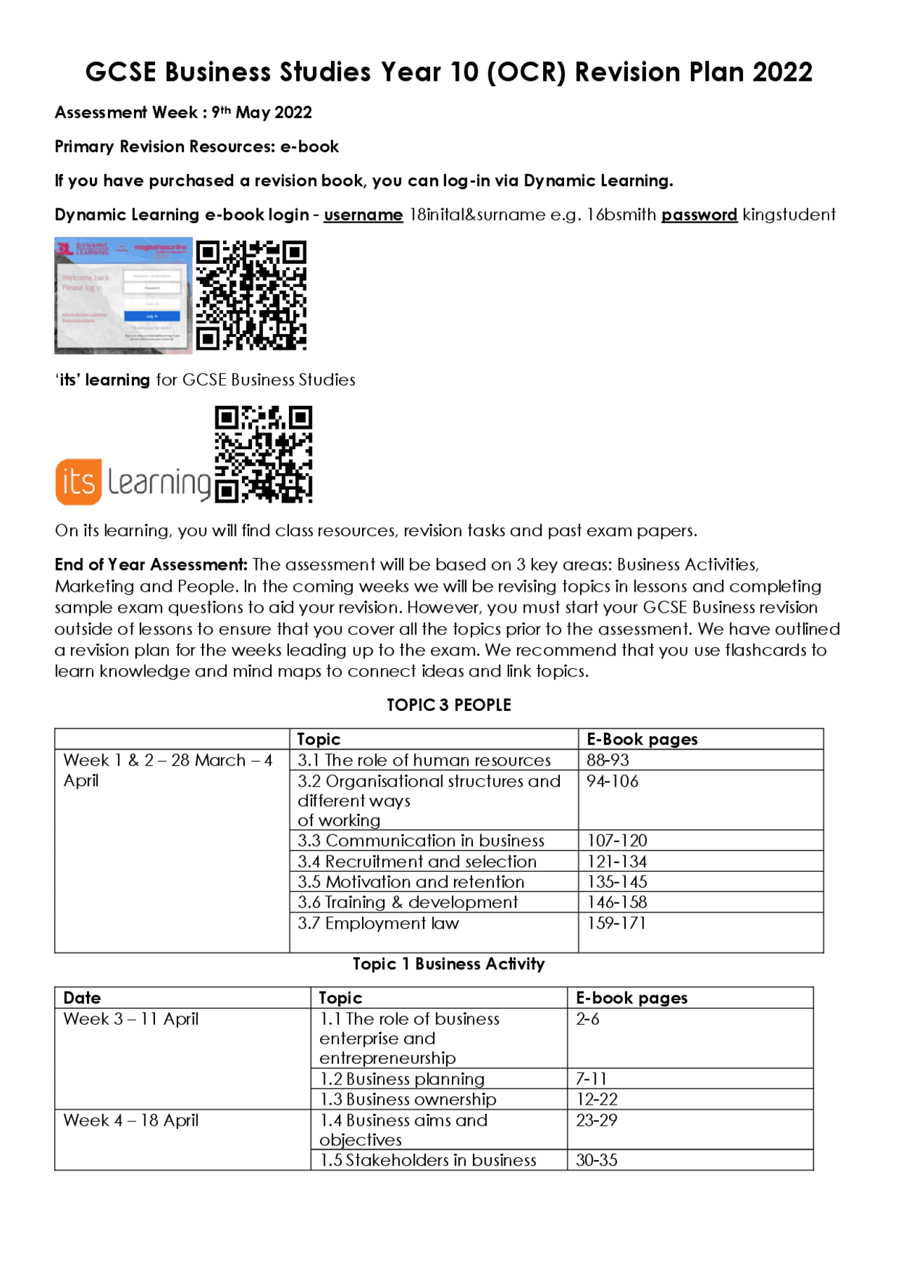 GCSE Business Studies Year 10 (OCR) Revision Plan 2022 | Exams Business | Docsity
