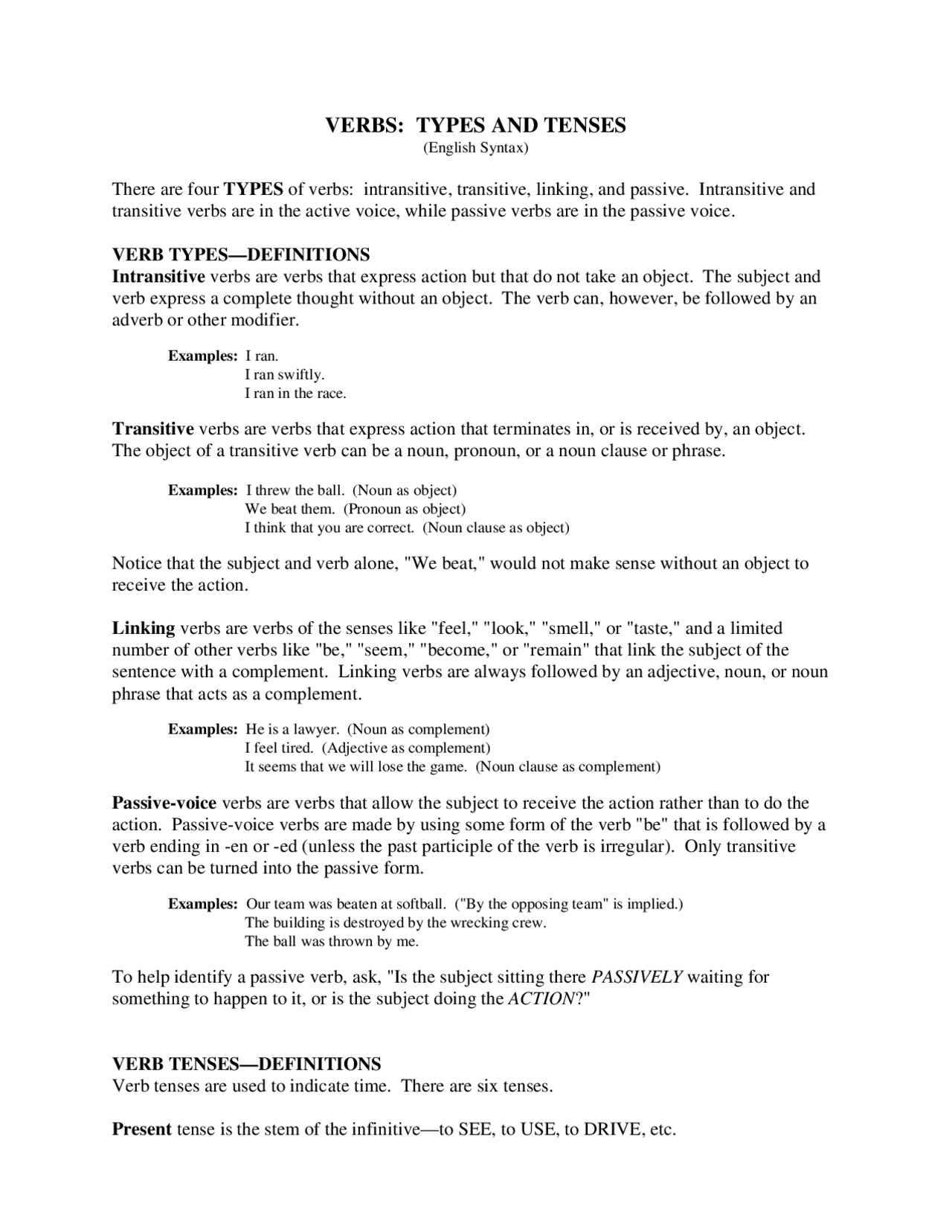 Verbs Types And Tenses Exercises Voice Docsity