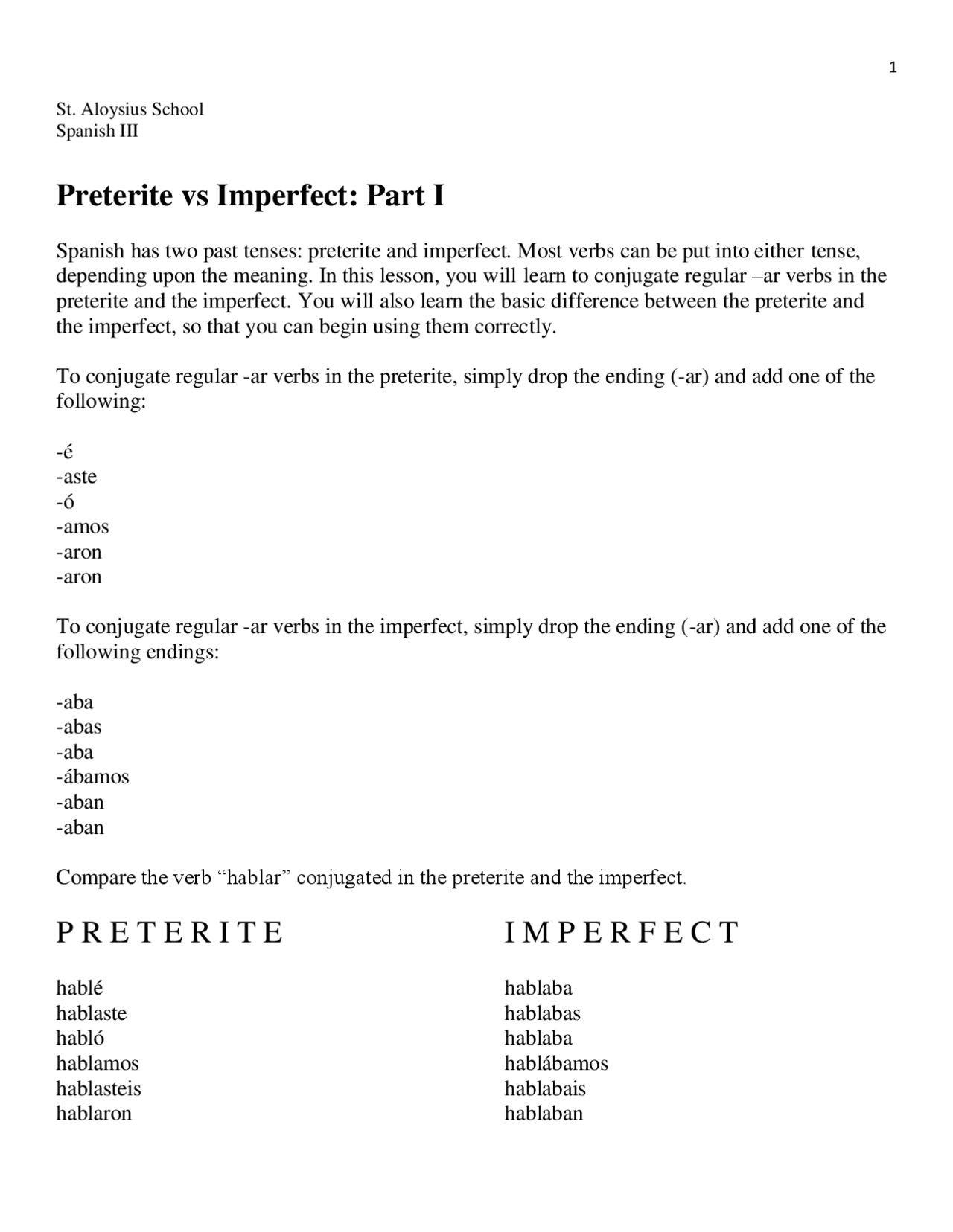 Preterite vs Imperfect: Part I | Study notes Spanish | Docsity