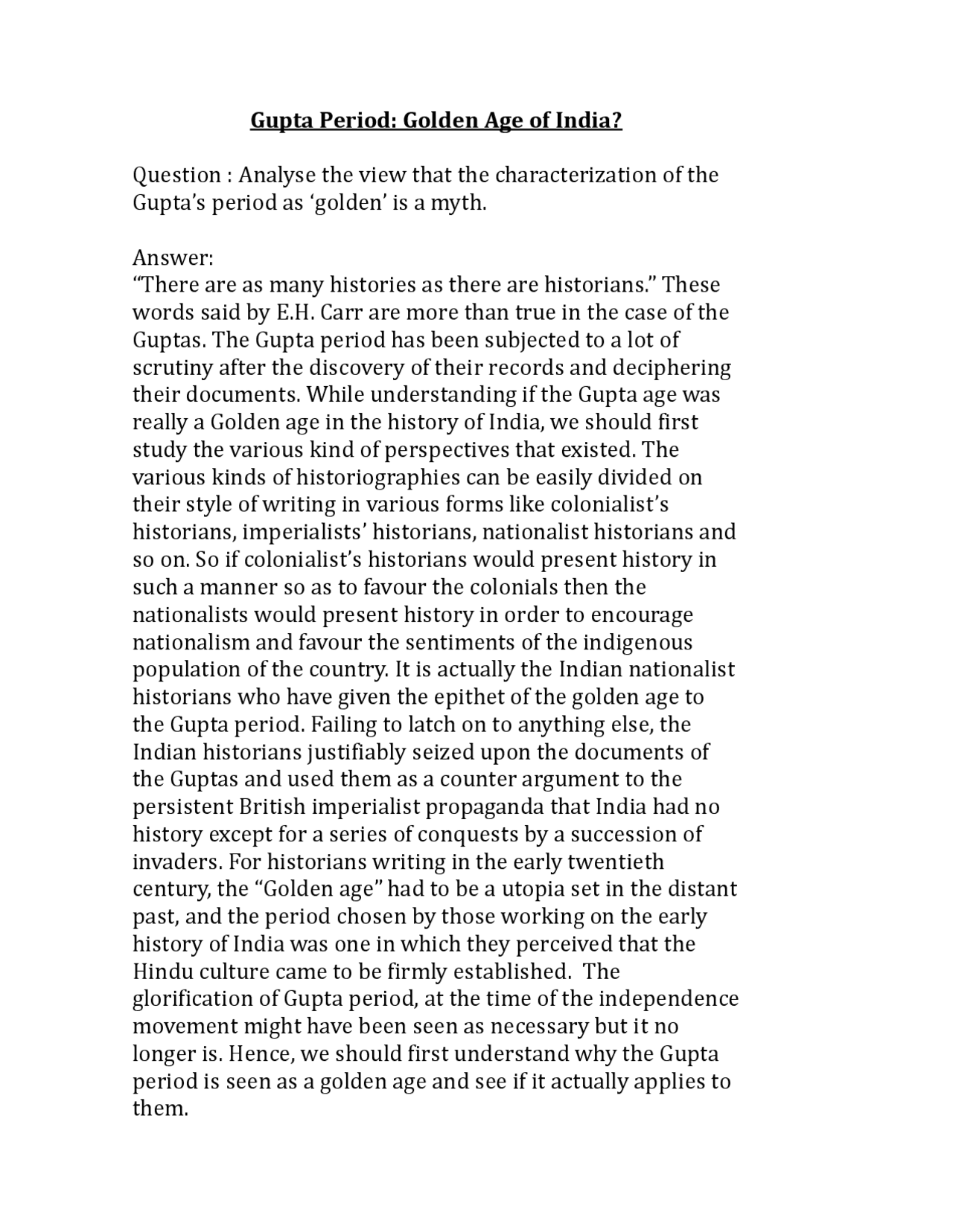 Gupta Period: Golden Age of India? Question | Study notes History | Docsity