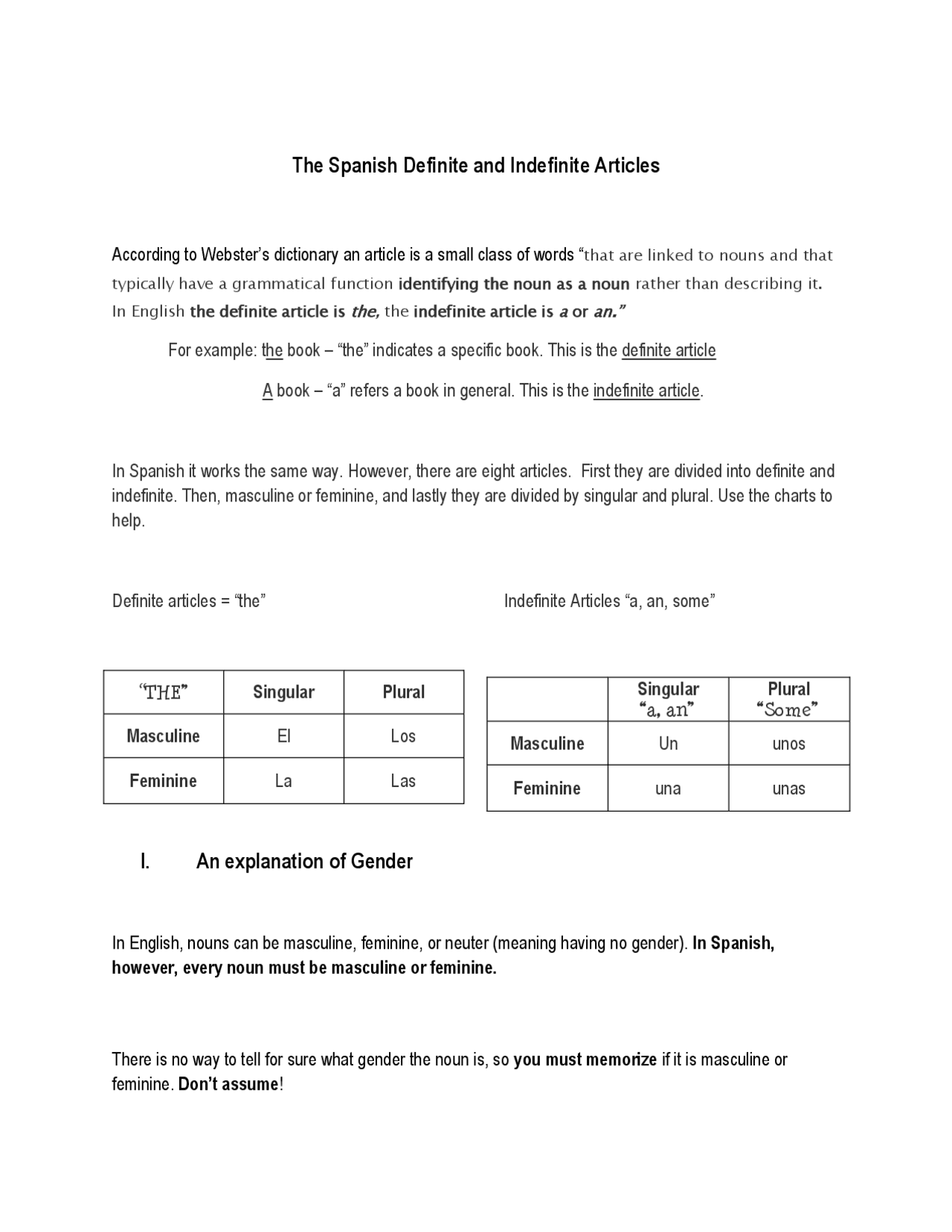 The Spanish Definite and Indefinite Articles | Exercises Spanish | Docsity