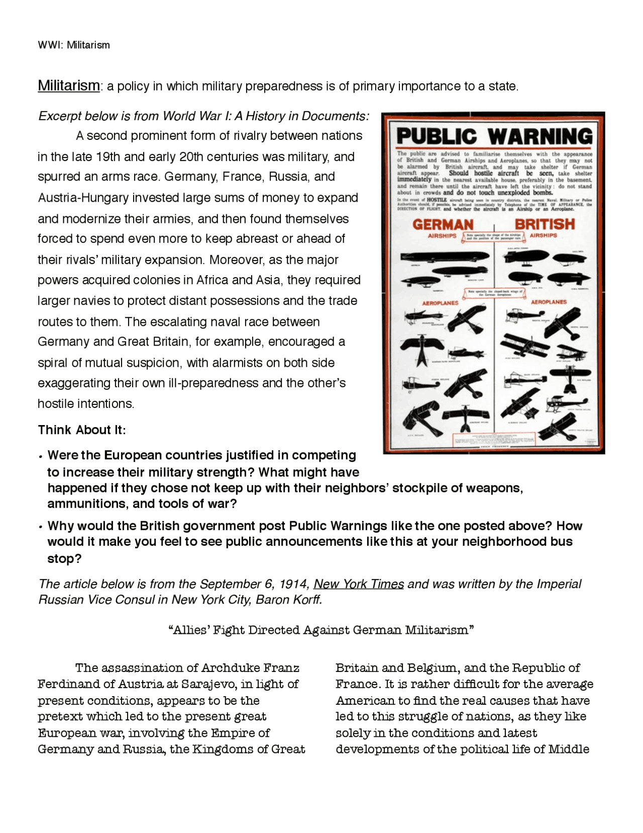 Militarism - WWI | Study notes History | Docsity