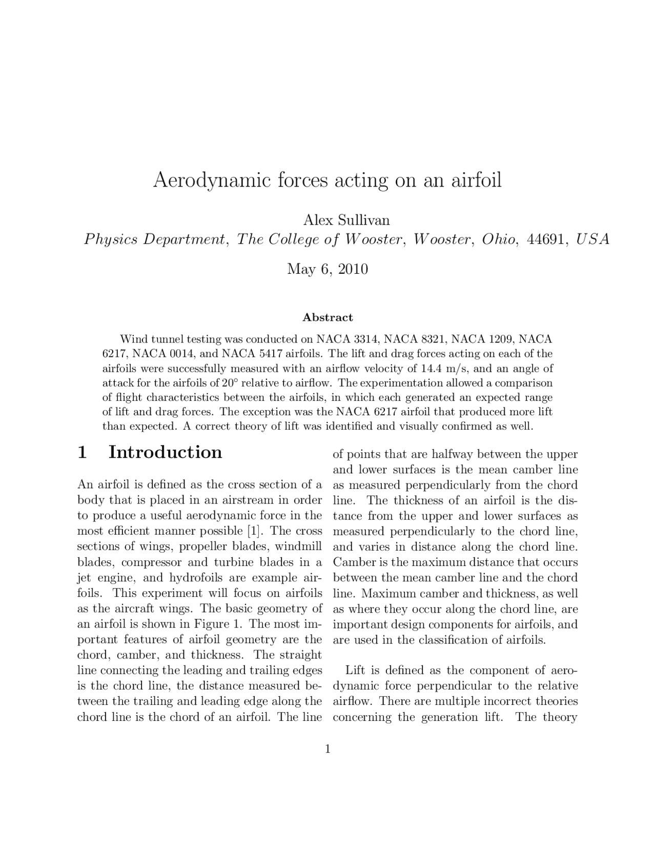 Aerodynamic forces acting on an airfoil | Exercises Acting | Docsity