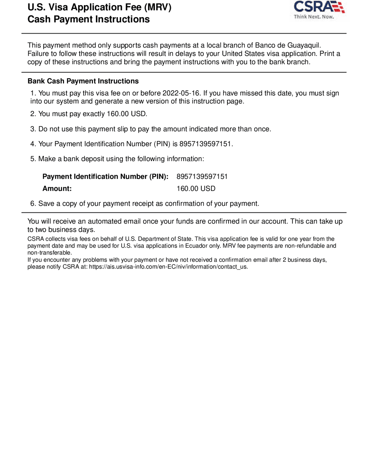 Instrucciones de pago en efectivo para la tasa de solicitud de visa de ...
