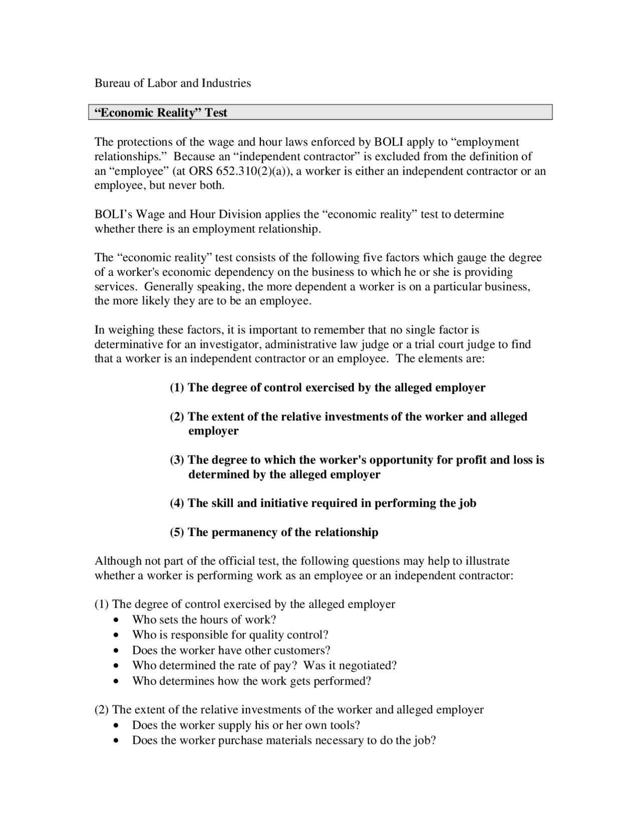 Determining Employment Status: Bureau of Labor and Industries 'Economic ...