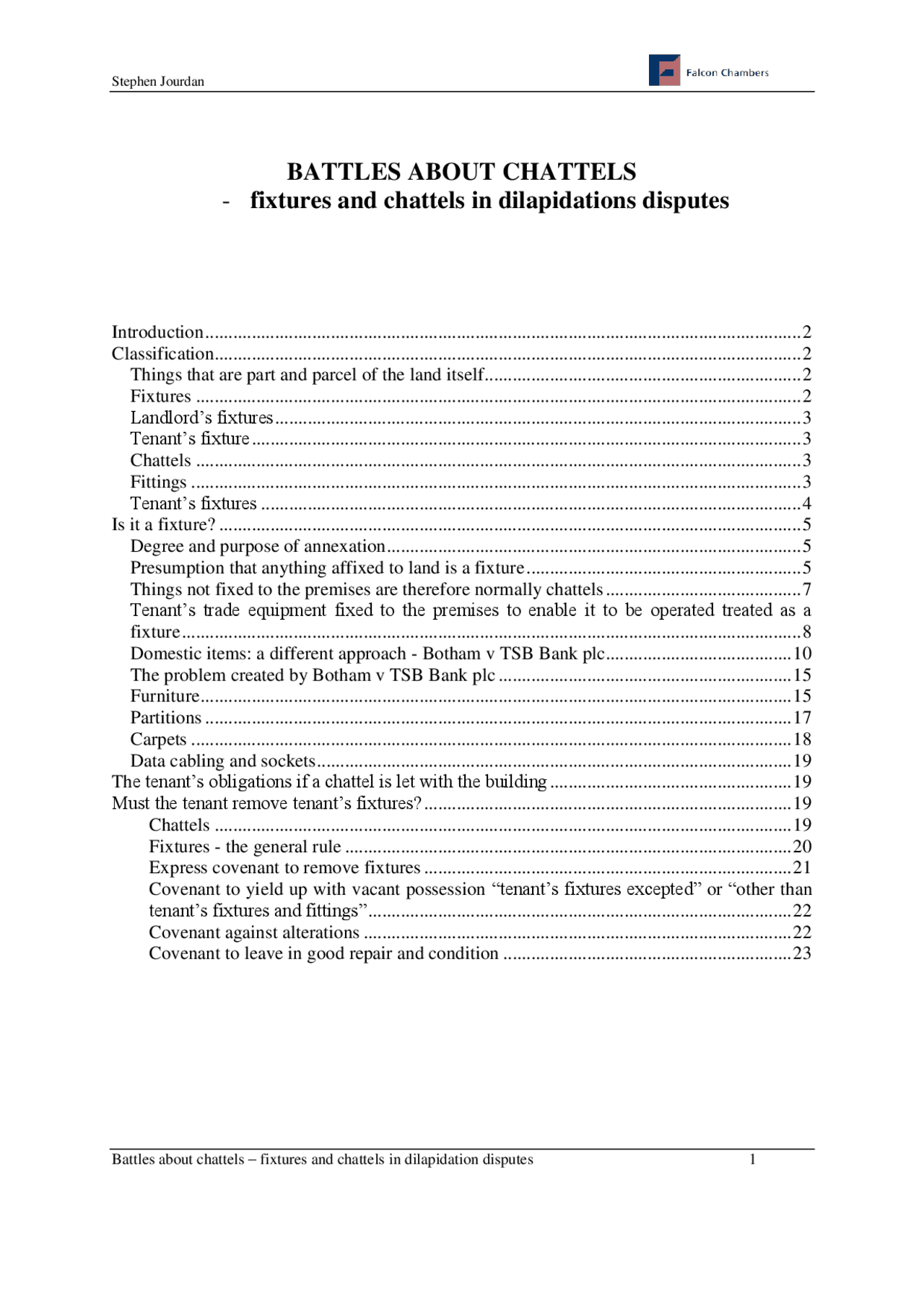 Fixtures and chattels in dilapidations disputes | Study notes Law | Docsity