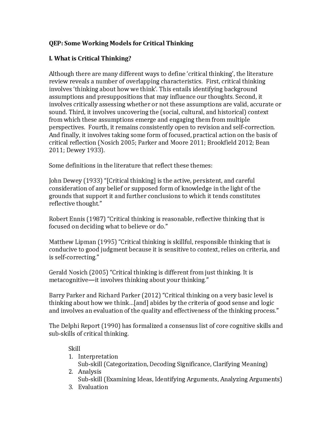 Qep Some Working Models For Critical Thinking Lecture Notes