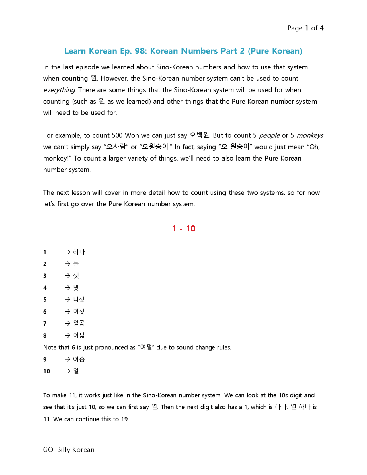 Korean Numbers Part 2 (Pure Korean) 1 | Study notes Korean | Docsity