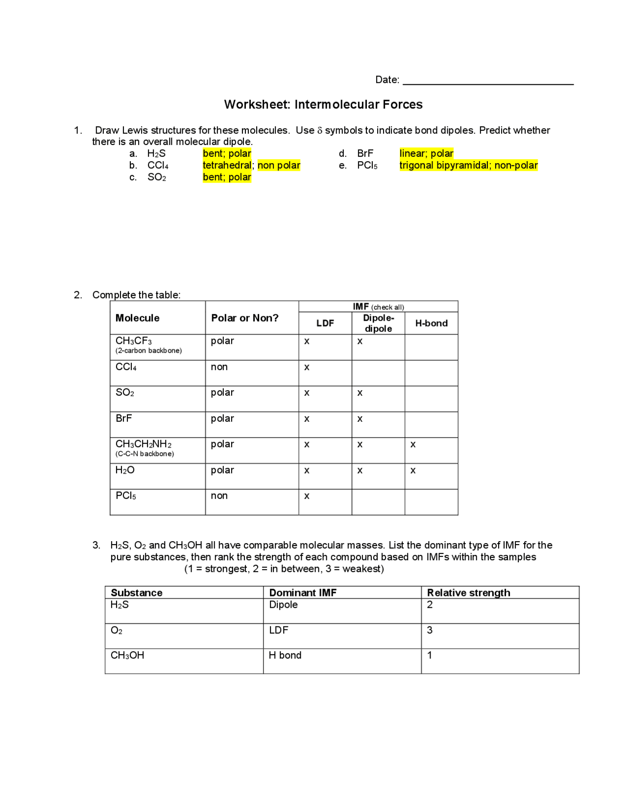 Intermolecular Forces Worksheet Intermolecular Forces Worksheet