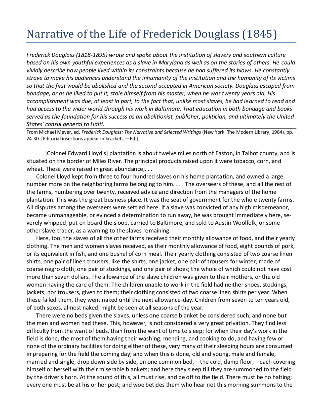 Narrative of the Life of Frederick Douglass (1845) | Study notes ...