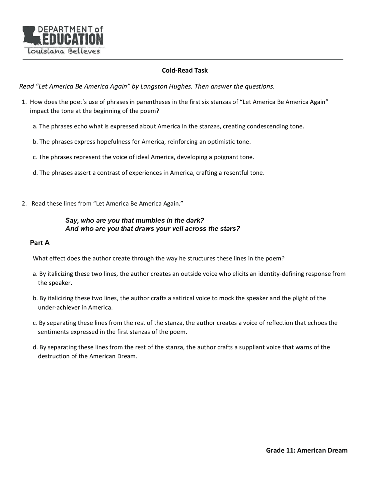 Cold-Read Task Read “Let America Be America Again” by ... | Study notes ...