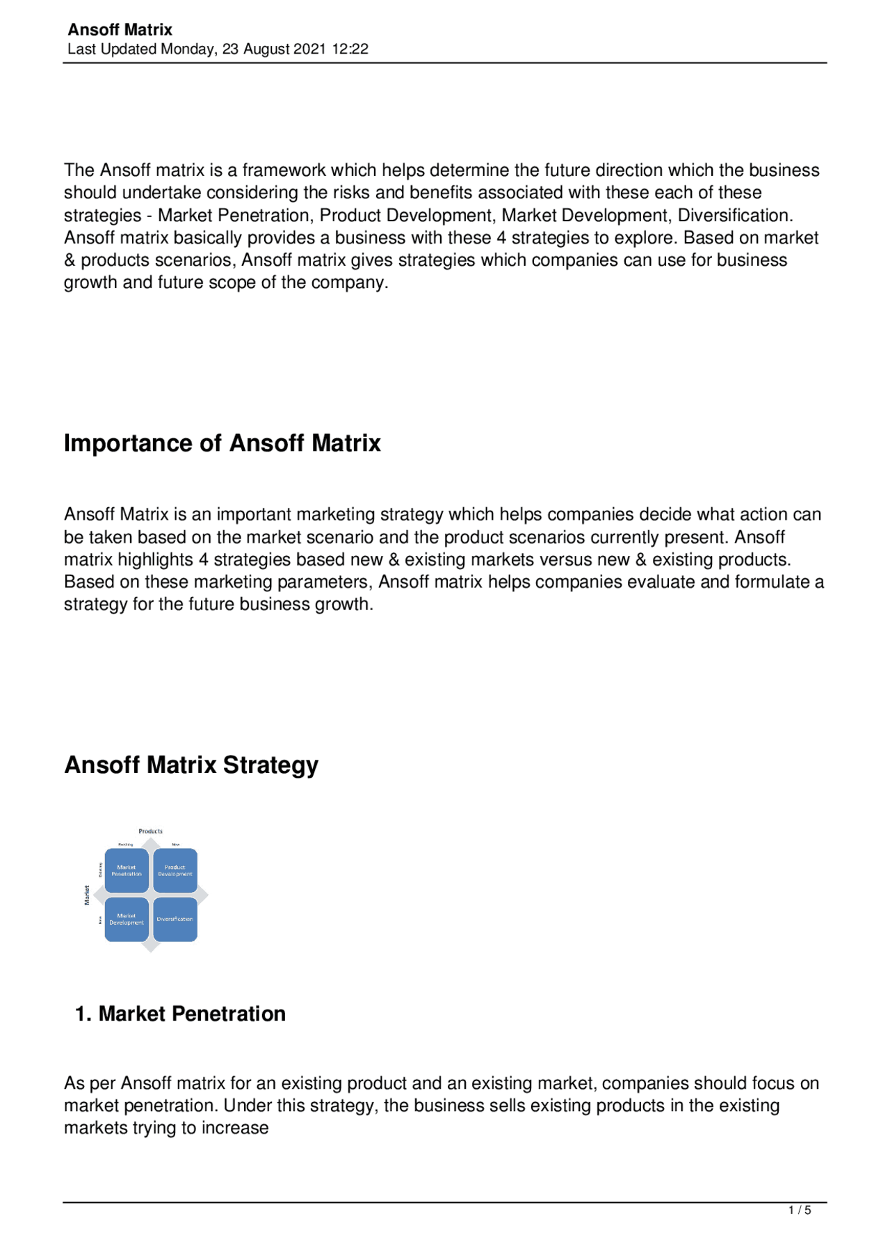 Ansoff Matrix | MBA Skool | Study notes Business - Docsity