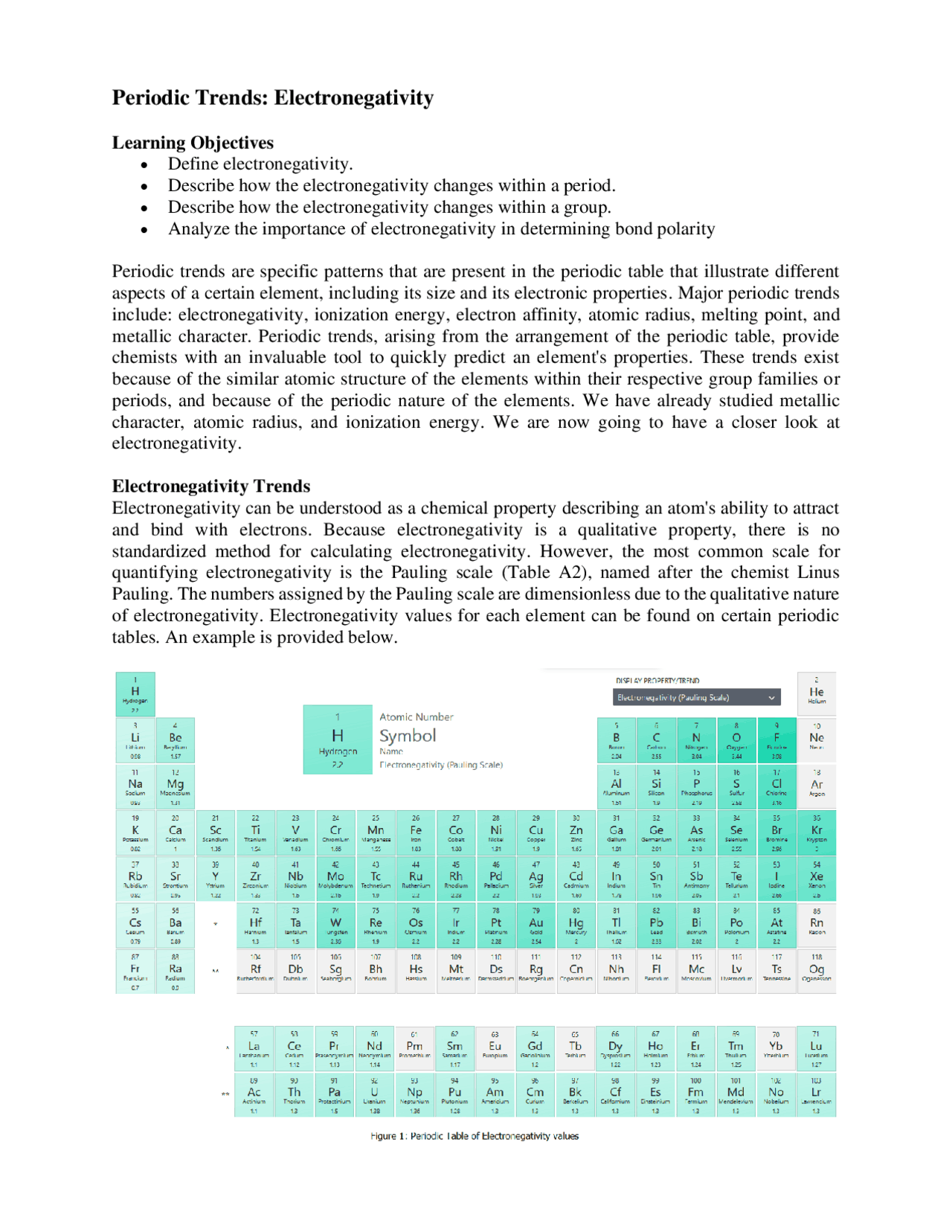 Periodic Trends: Electronegativity | Study notes Chemistry | Docsity