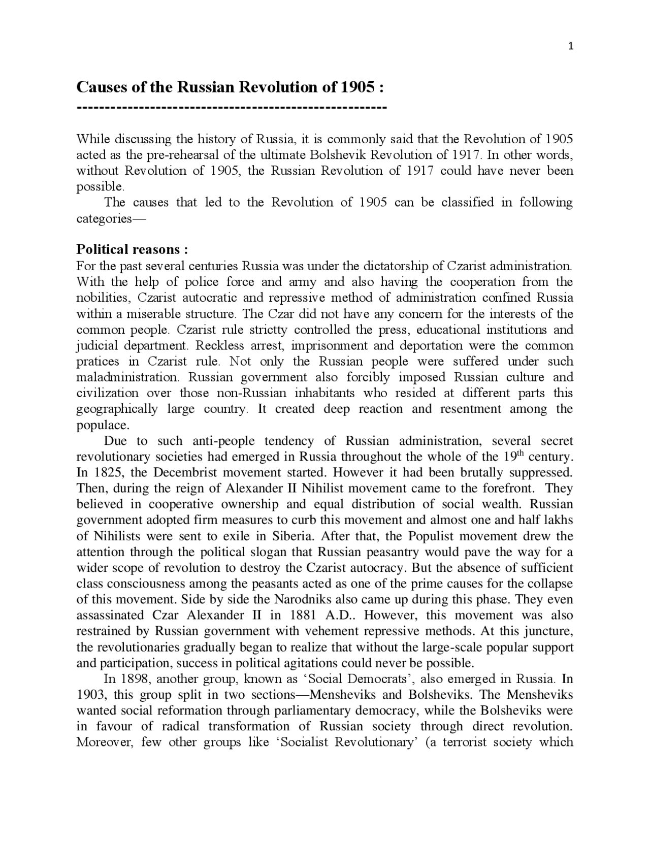 Causes of the Russian Revolution of 1905 ... | Slides Russian | Docsity