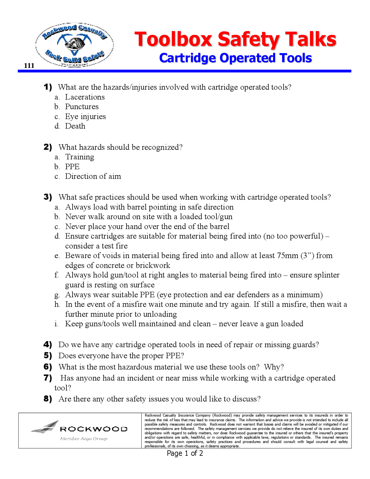 Toolbox Safety Talks - Cartridge Operated Tools | Exercises Personal ...