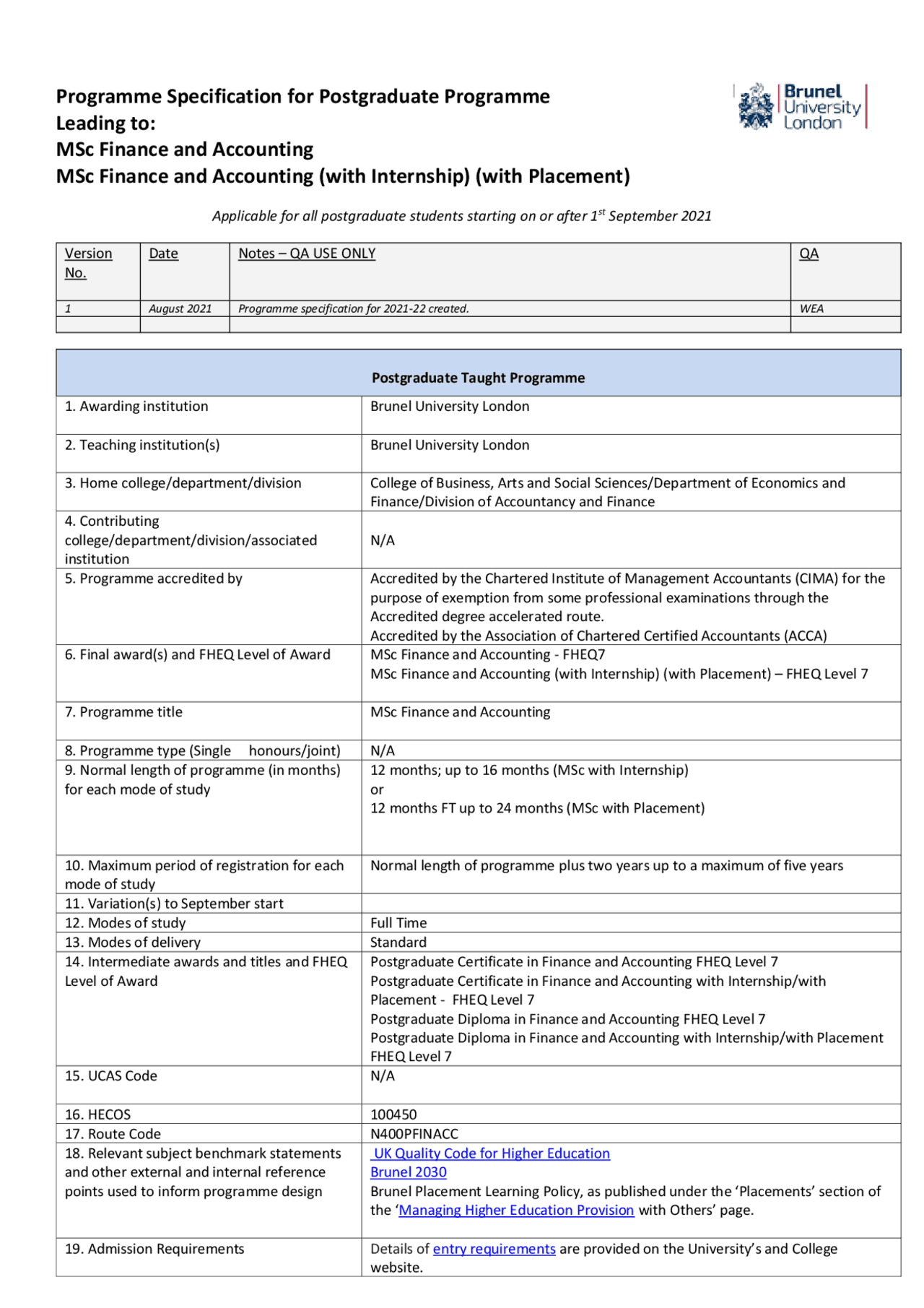 MSc Finance and Accounting Programme Specification | Study notes ...
