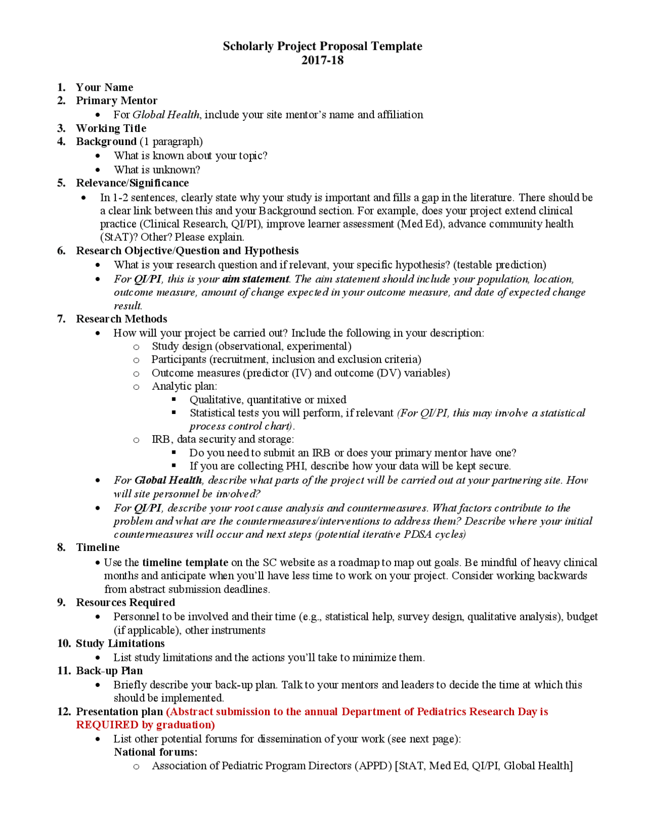 Scholarly Project Proposal Template for Global Health, QI/PI and Med Ed ...