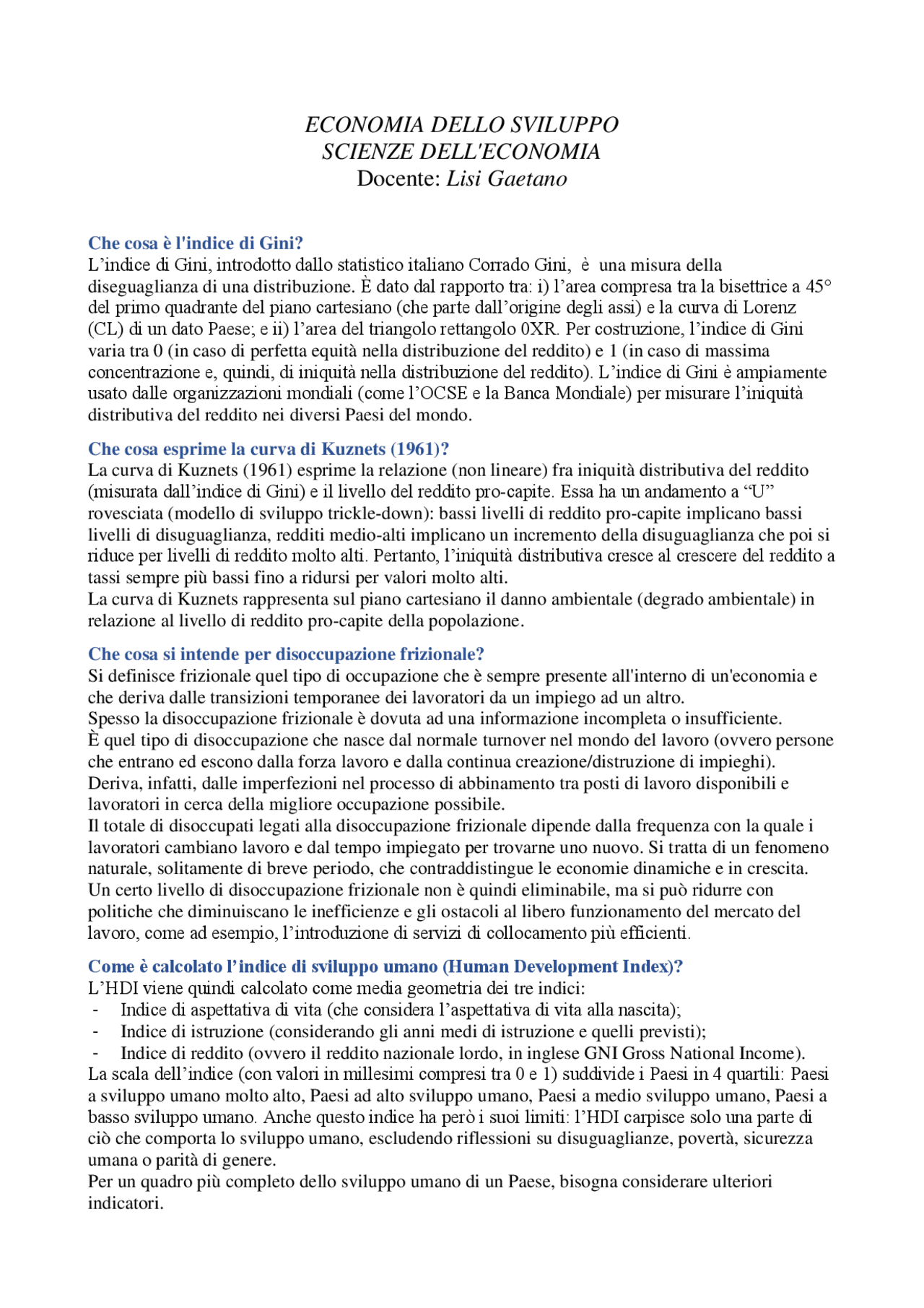 Paniere Delle Domande Aperte Di Economia Dello Sviluppo Prof Lisi
