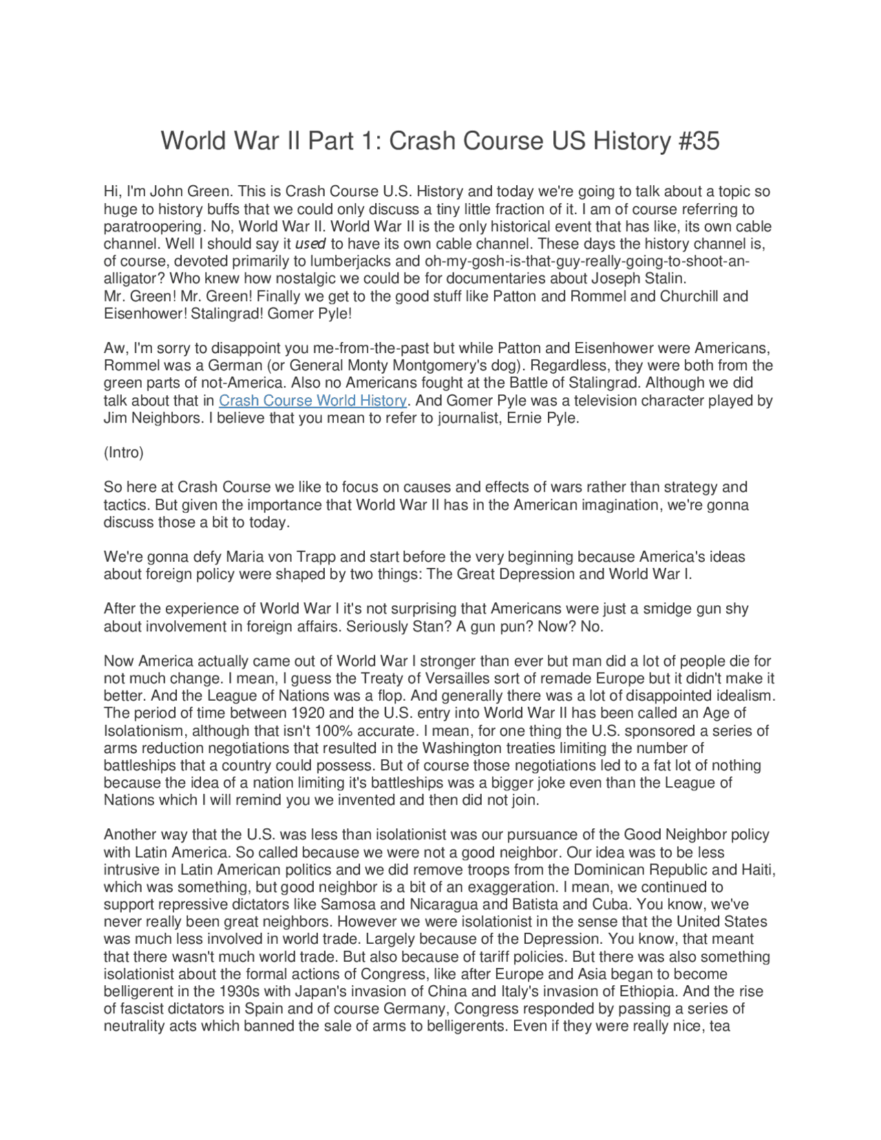 World War II Part 1: Crash Course US History #35 | Summaries History | Docsity