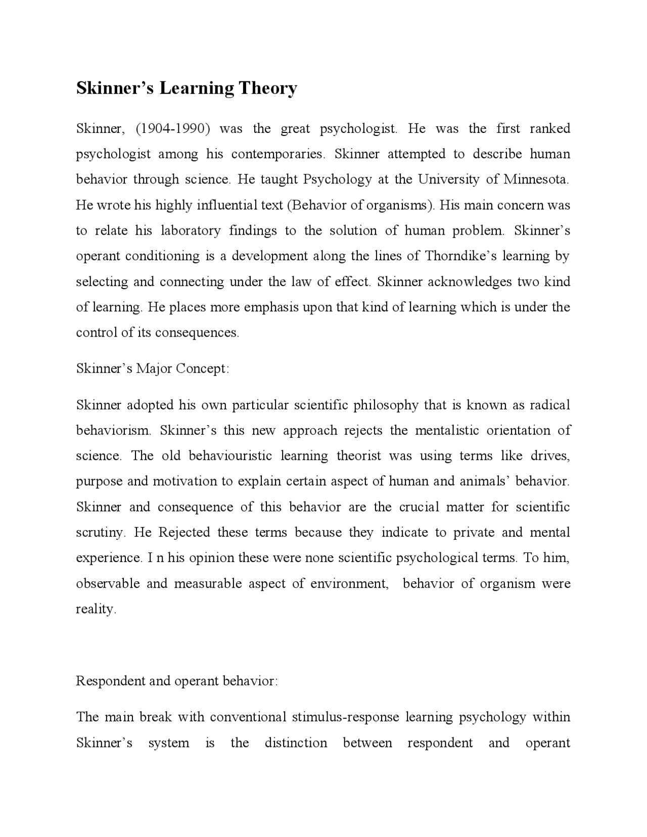 Skinners Learning Theory Lecture Notes Psychology Docsity