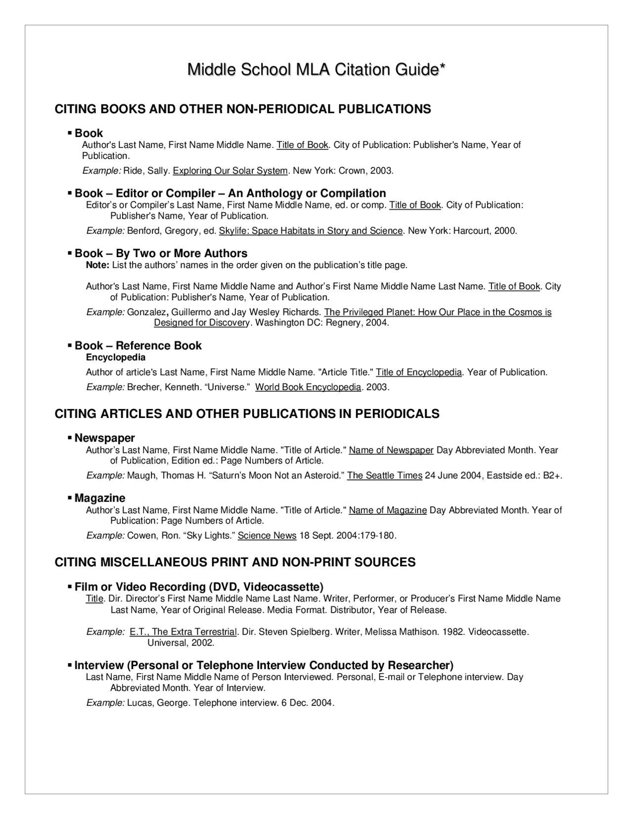 Middle School Mla Citation Guide Lecture Notes Art Docsity