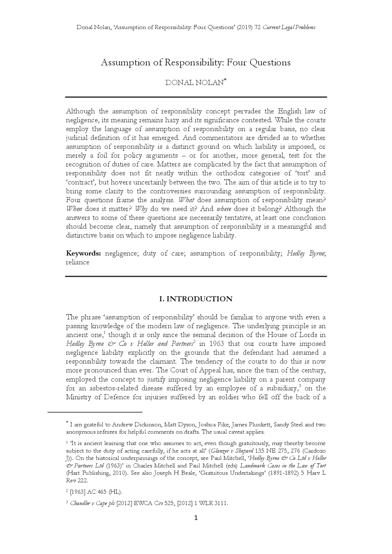 Assumption of Responsibility: Four Questions | Lecture notes Law | Docsity