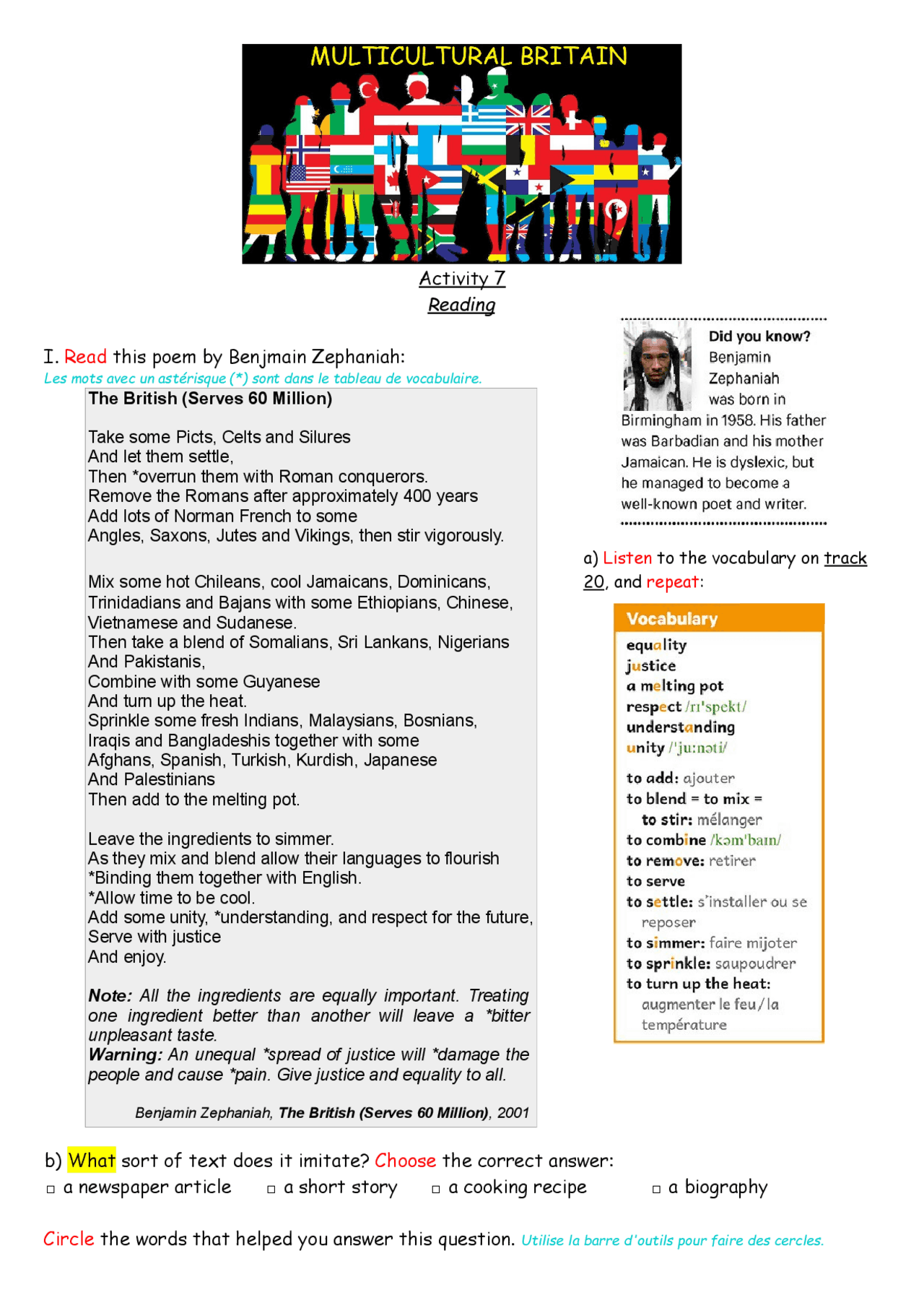 Activity 7 Reading I. Read this poem by Benjmain Zephaniah | Lecture ...