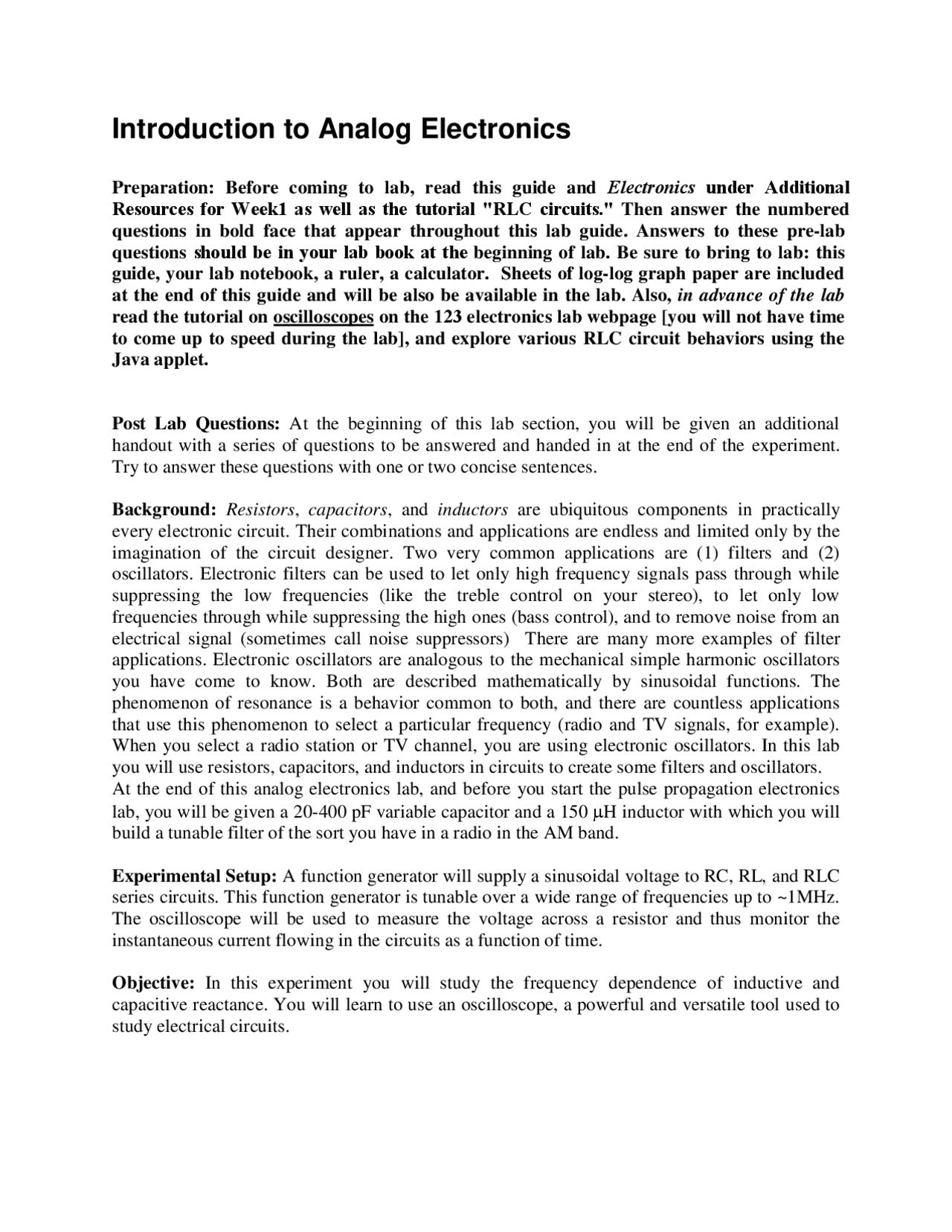 Analog Electronics Lab: Understanding Reactance in RC, RL, and RLC Circuits | Study Guides ...