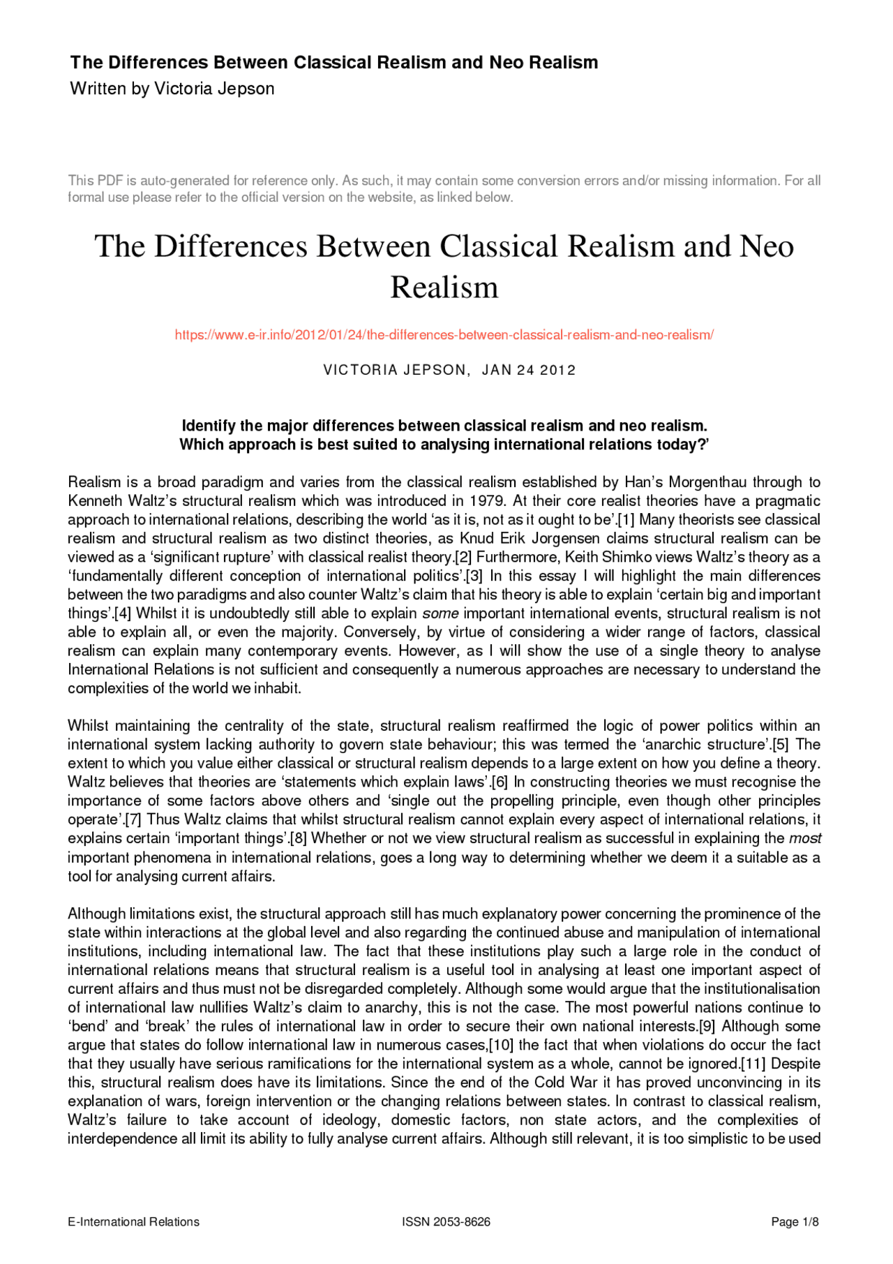 The Differences Between Classical Realism and Neo Realism | Study notes ...