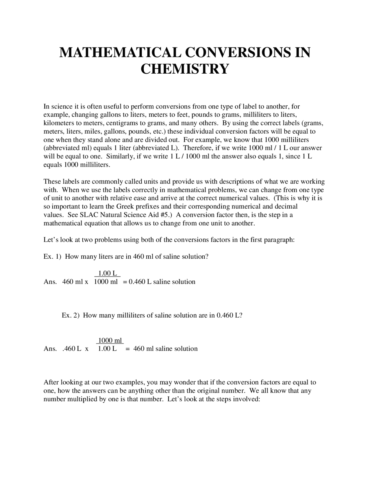 Mathematical Conversions In Chemistry Lecture Notes Chemistry Docsity