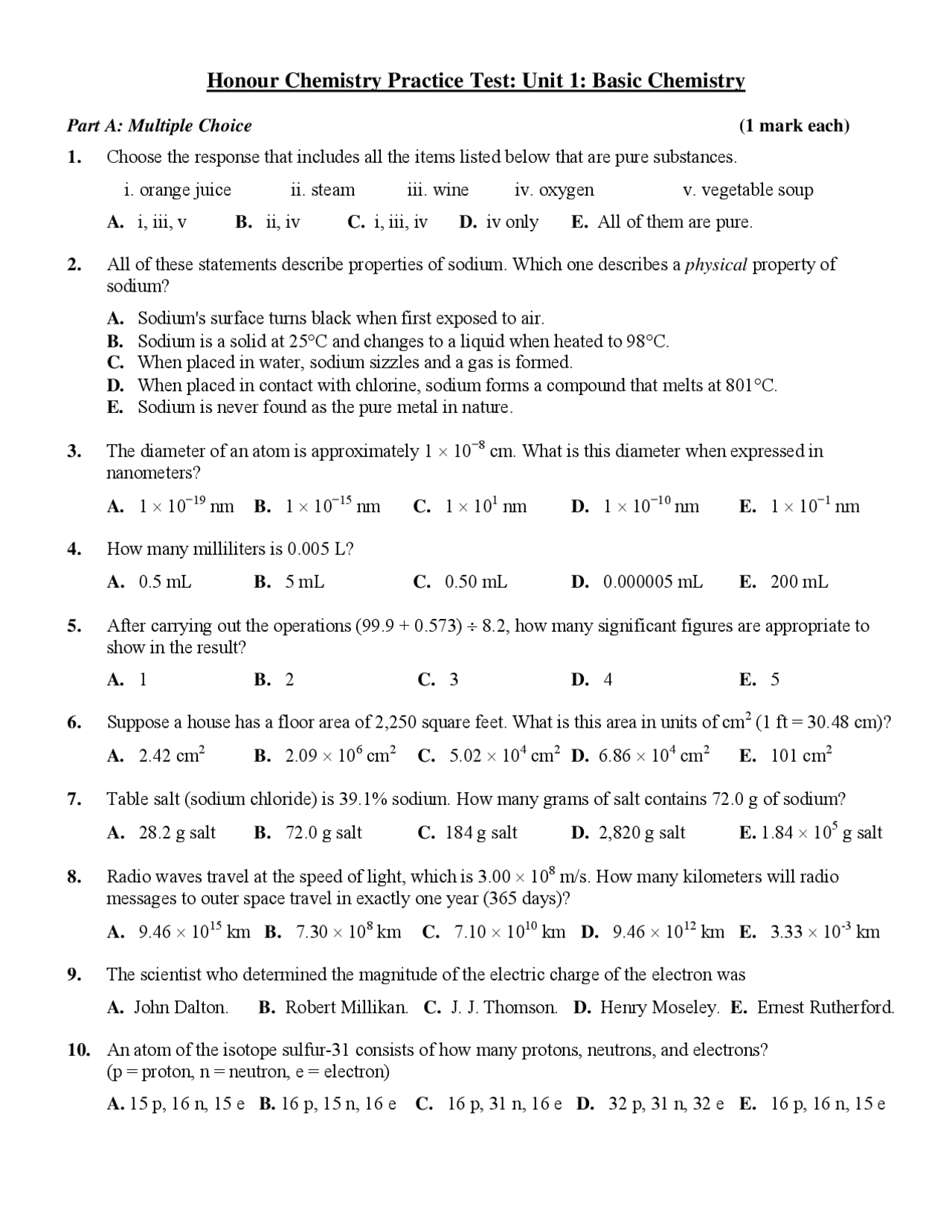 Unit 1 Practice Test | Study notes Chemistry | Docsity