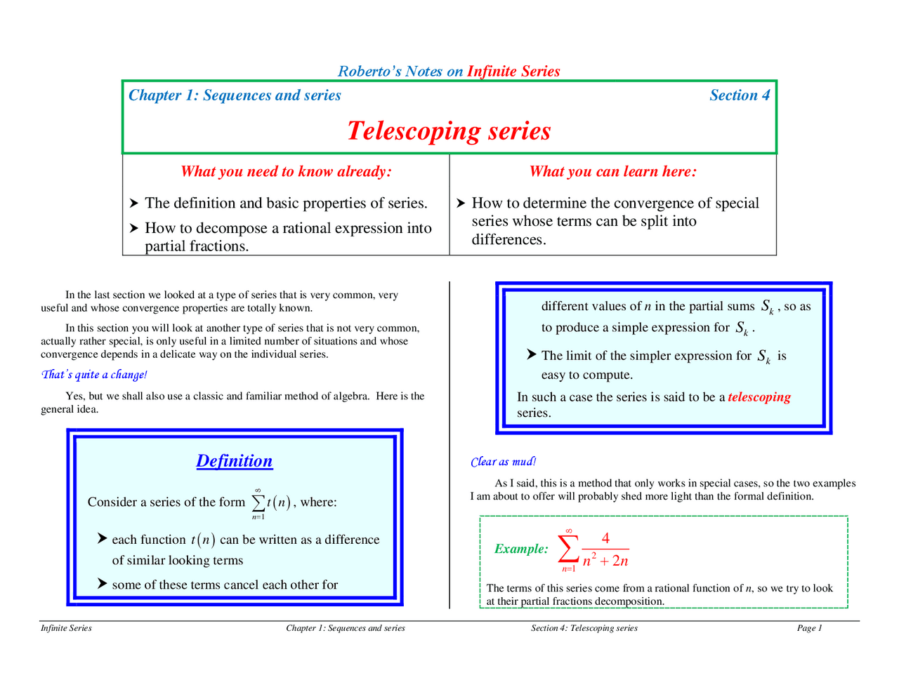 Telescoping series | Lecture notes Algebra | Docsity